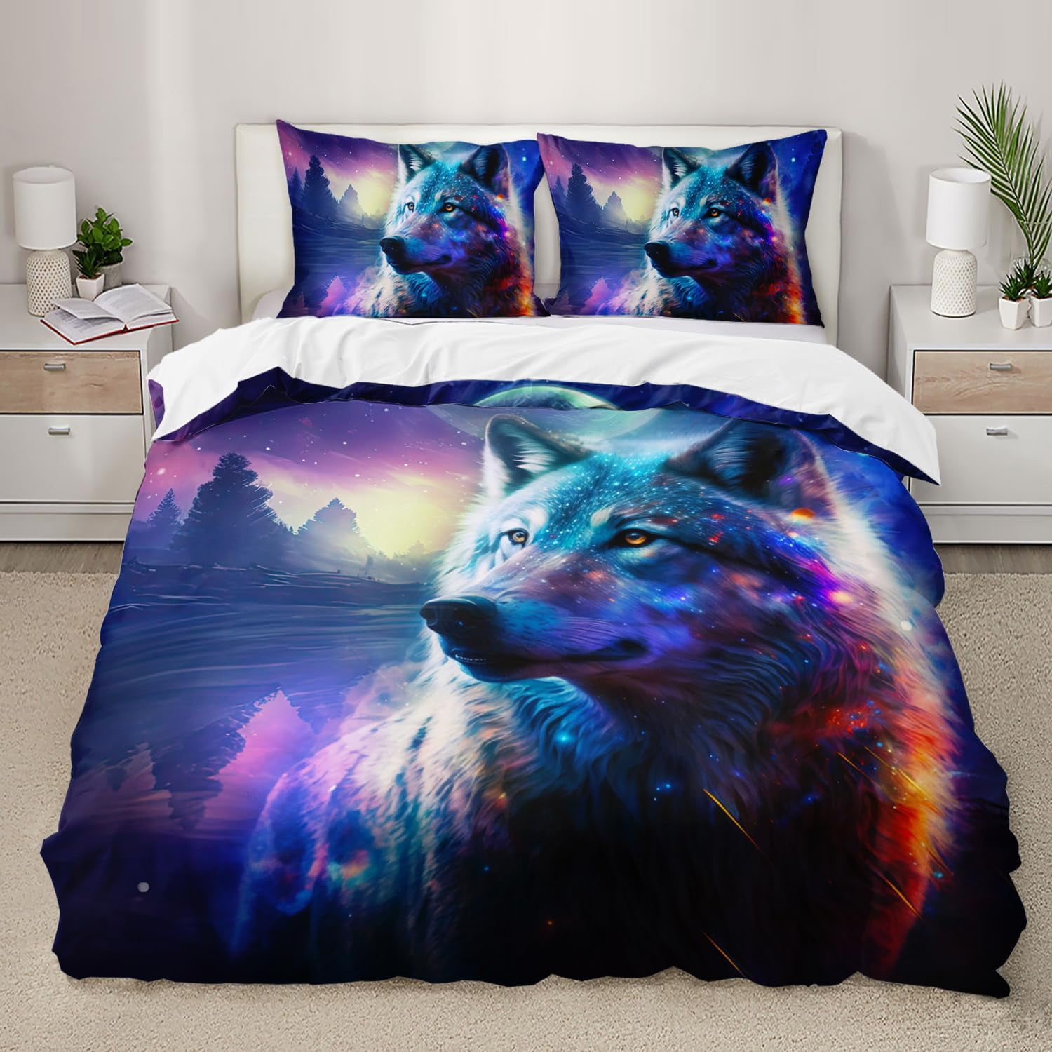 Wolf Duvet Cover Set,Galaxy Starry Moon Wolf Bedding Set,Safari Animals ...