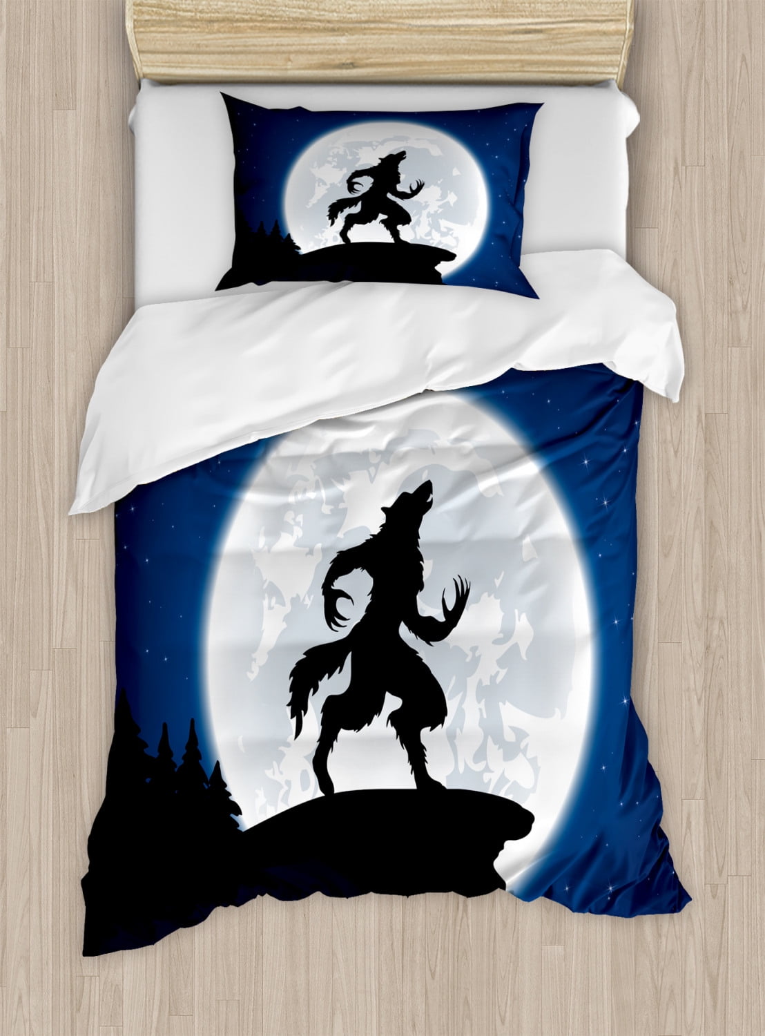 Wolf Duvet Cover Set Twin Size, Full Moon Night Sky Growling Werewolf ...