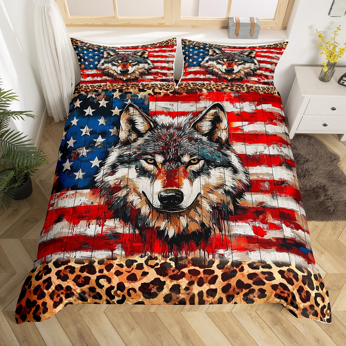 Wolf Duvet Cover Set Twin Size,Tie-dye Graffiti American Flag Leopard ...