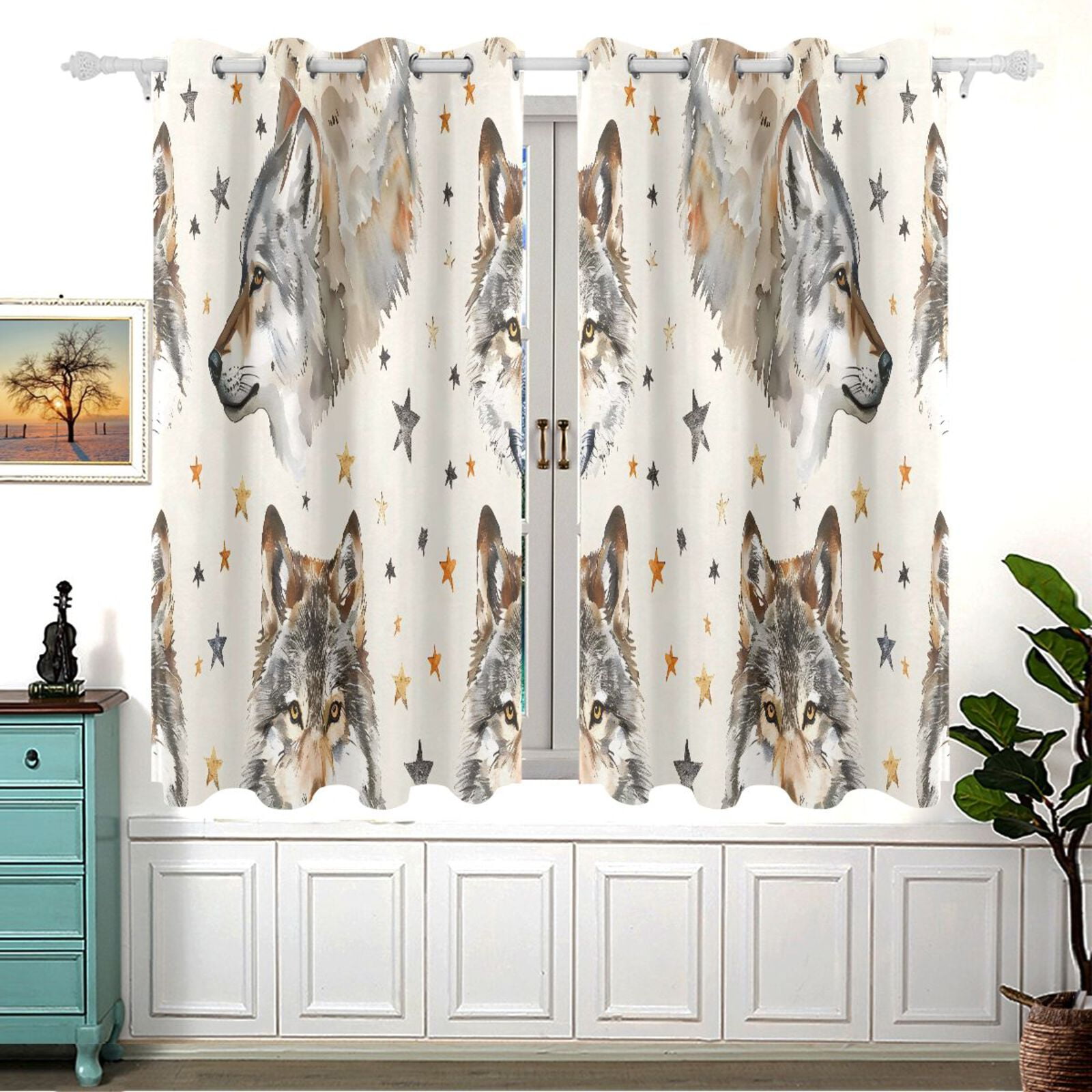 Wolf Face Stars Curtains Grommet Black Out 54 Inch Length Curtain ...