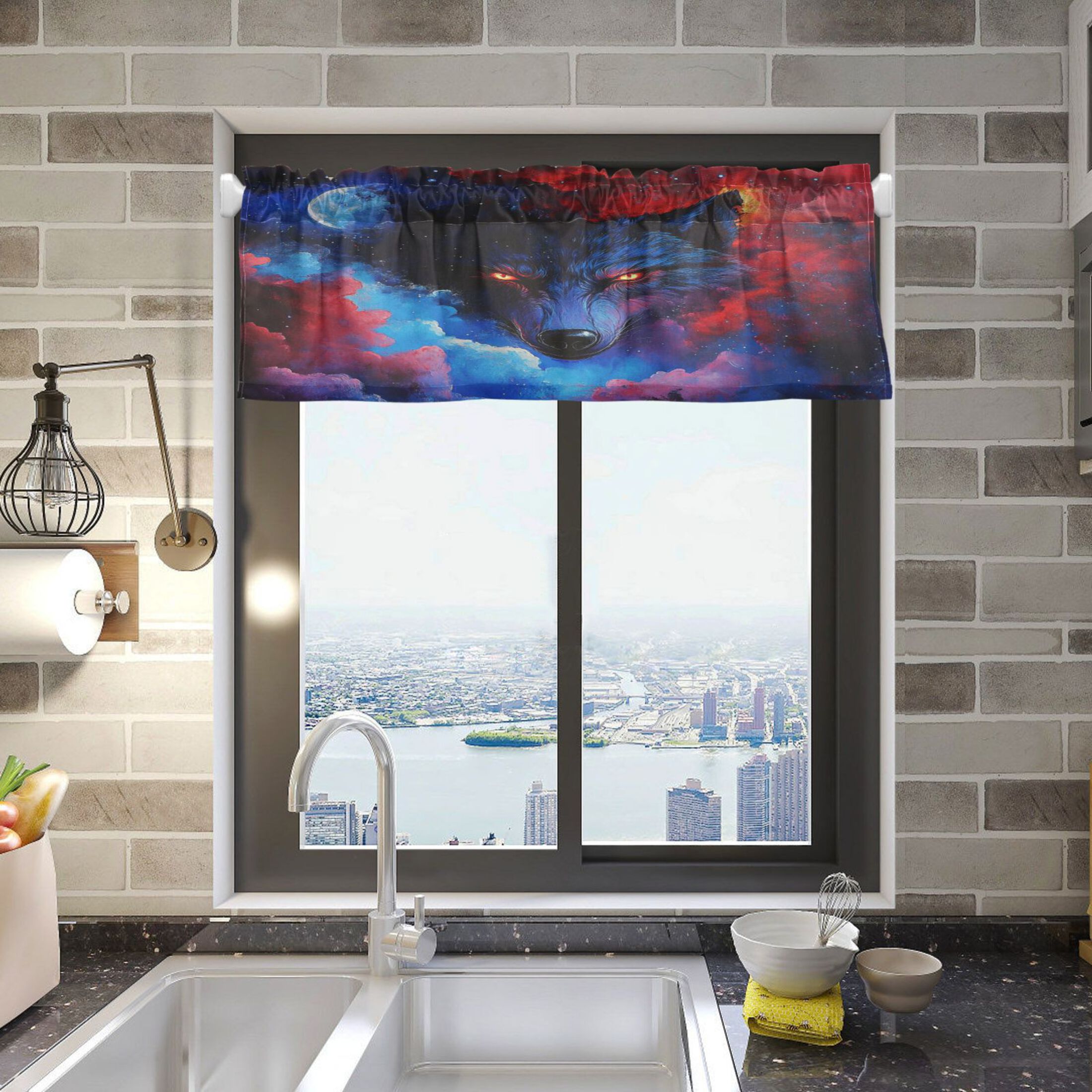 Wolf Face and Moon Curtain Valances Window Treatment Rod Pocket Drape Valance 54" X 18" for ...