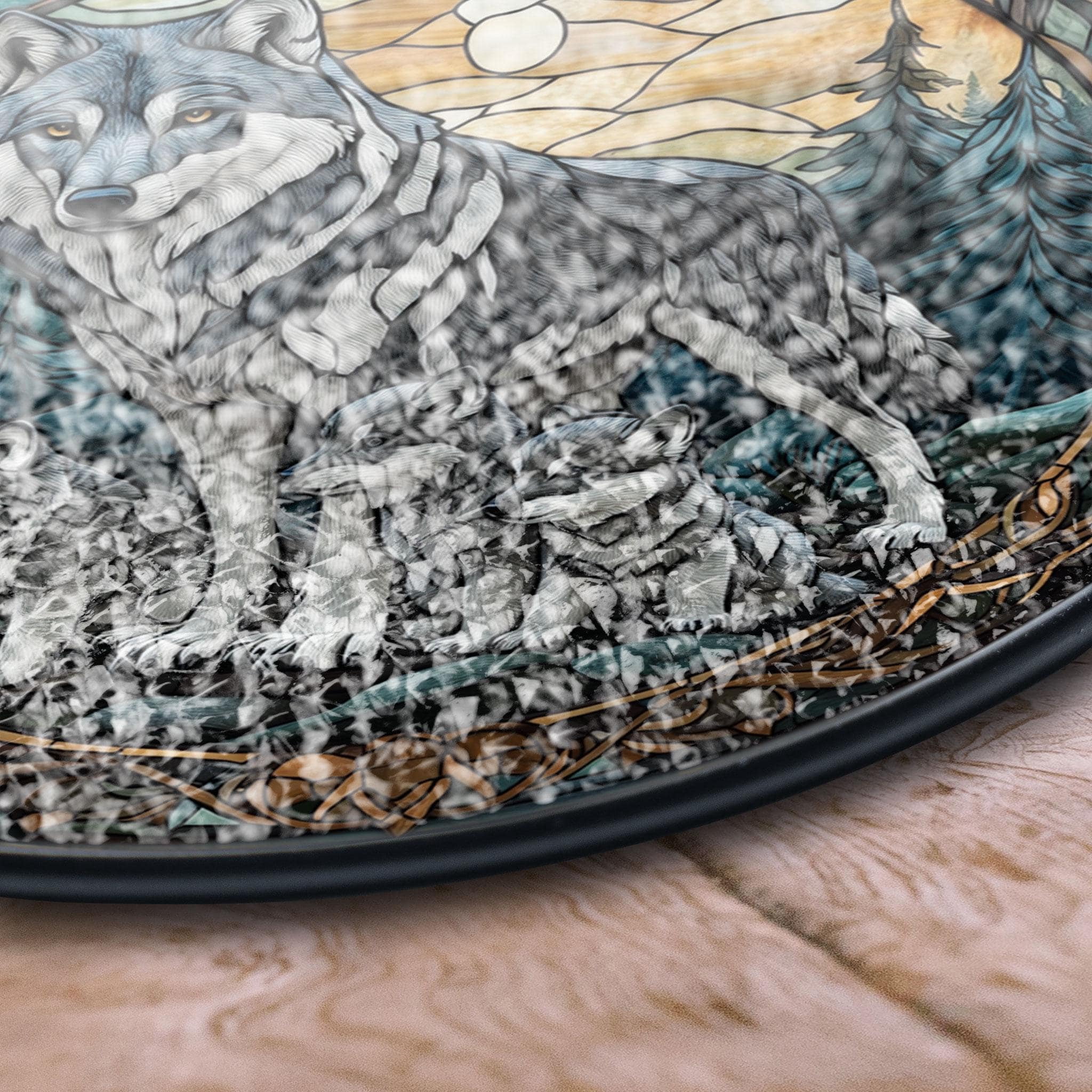 Wolf Family Stained Glass Suncatcher, Father and Pups Forest Scene ...