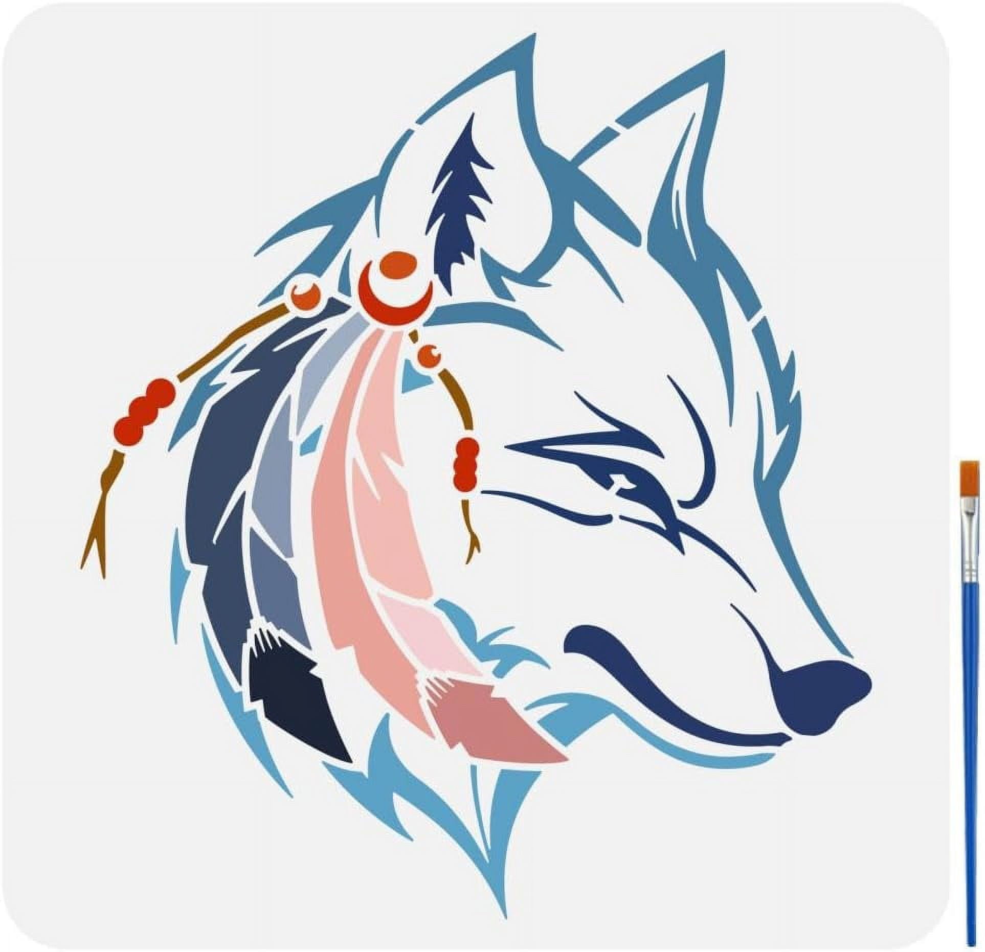 Wolf Feather Painting Stencil with a Art Paint Brush 11.8x11.8inch Reusable Native Wolf Head ...