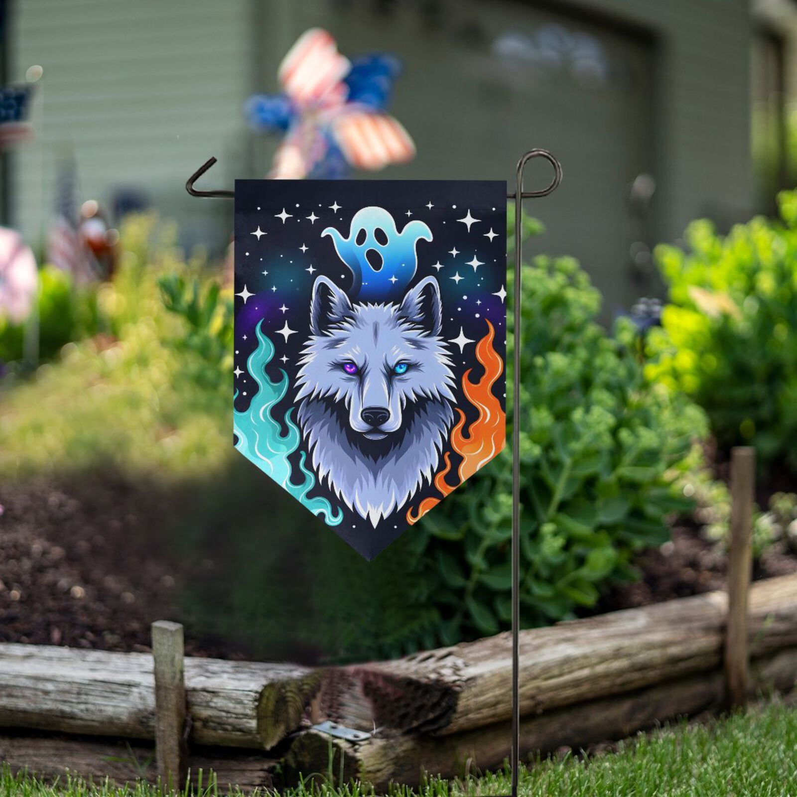 Wolf Fire Ghost Garden Flag 18" x 12.5" Double Sided Yard Lawn Outdoor ...