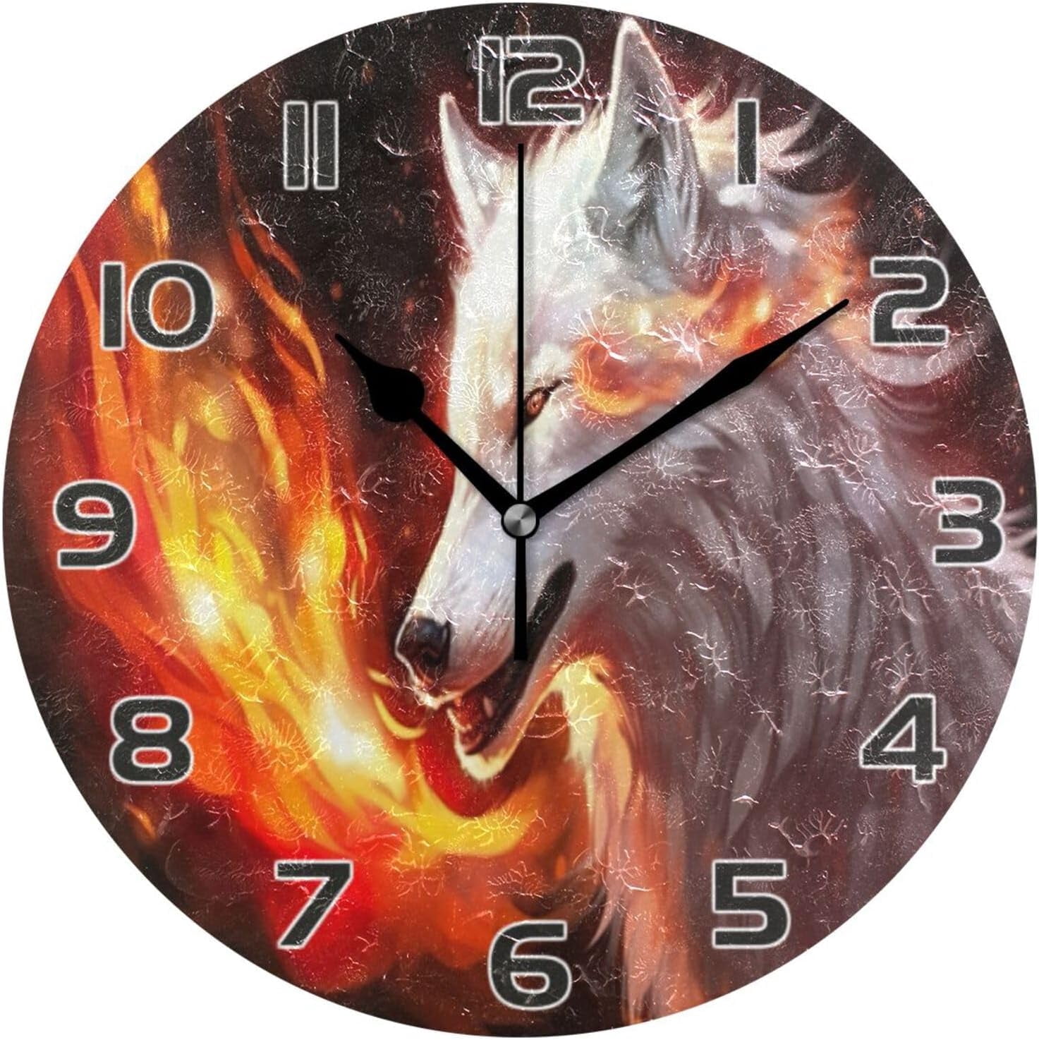 Wolf Fire Print Wall Clock Round Vintage Silent Non Ticking Battery ...