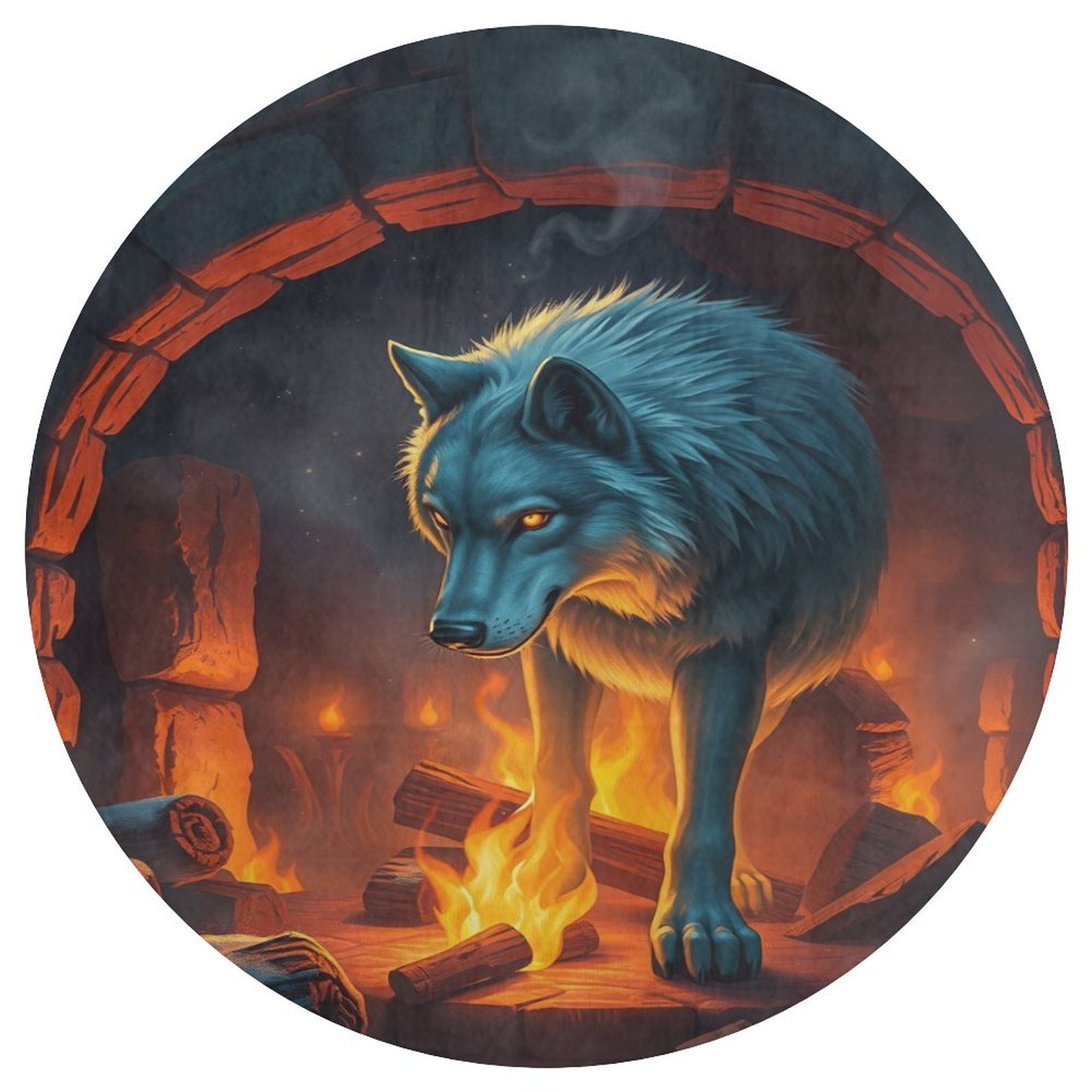 Wolf by The Fireplace Round Area Rug Floor Carpets Washable Indoor ...