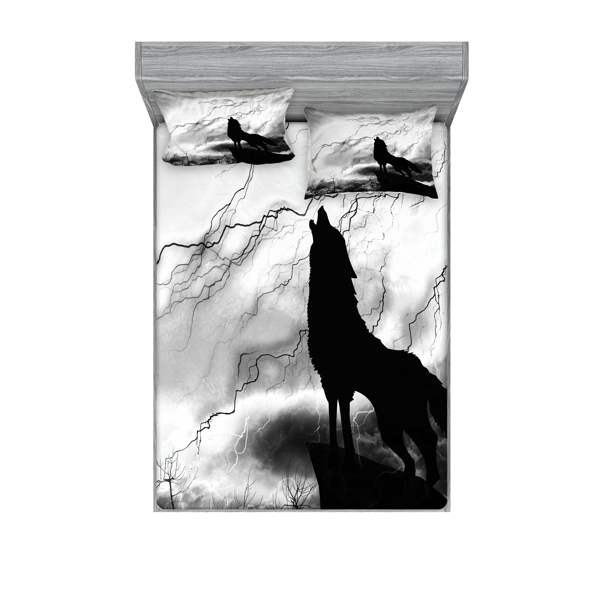 Wolf Fitted Sheet & Pillow Sham Set, Howling Animal Silhouette on a ...