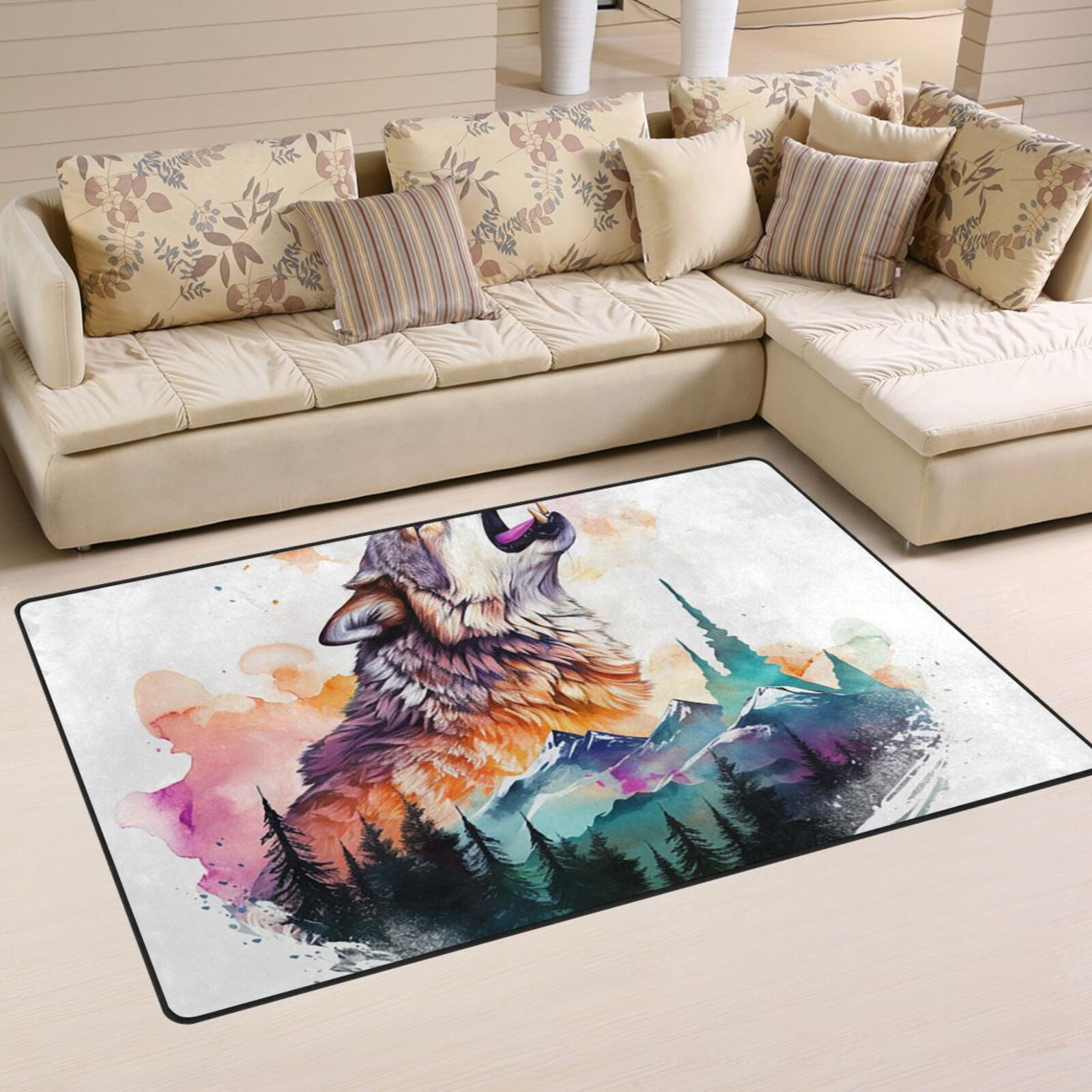 Wolf Forest Mountain Area Rug Washable Floor Carpet Mat 60 x 39 inch ...