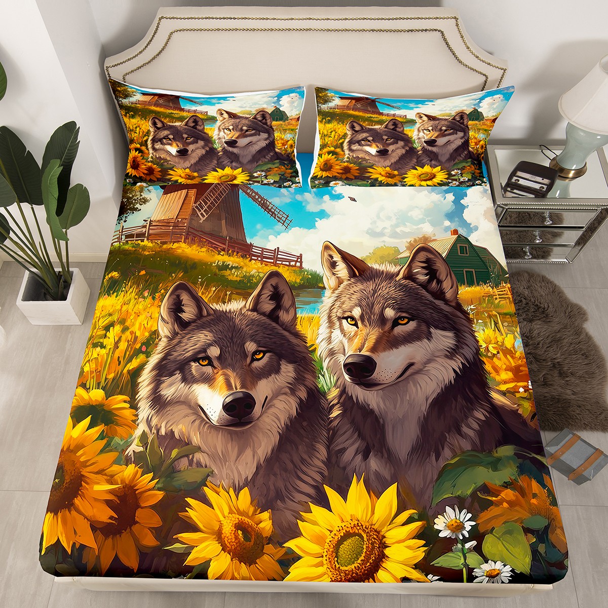 Wolf Full Bedding Set Sunflower Flora Decor Fitted Sheet,Nature Country Rusitc Bed Sheets Teens ...