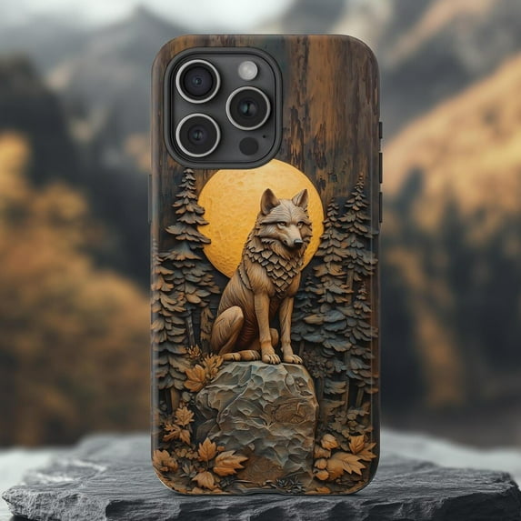 Wolf Full Moon Wood Carved Alpha Pack Case with iPhone 17 to 11 Pro Max ...