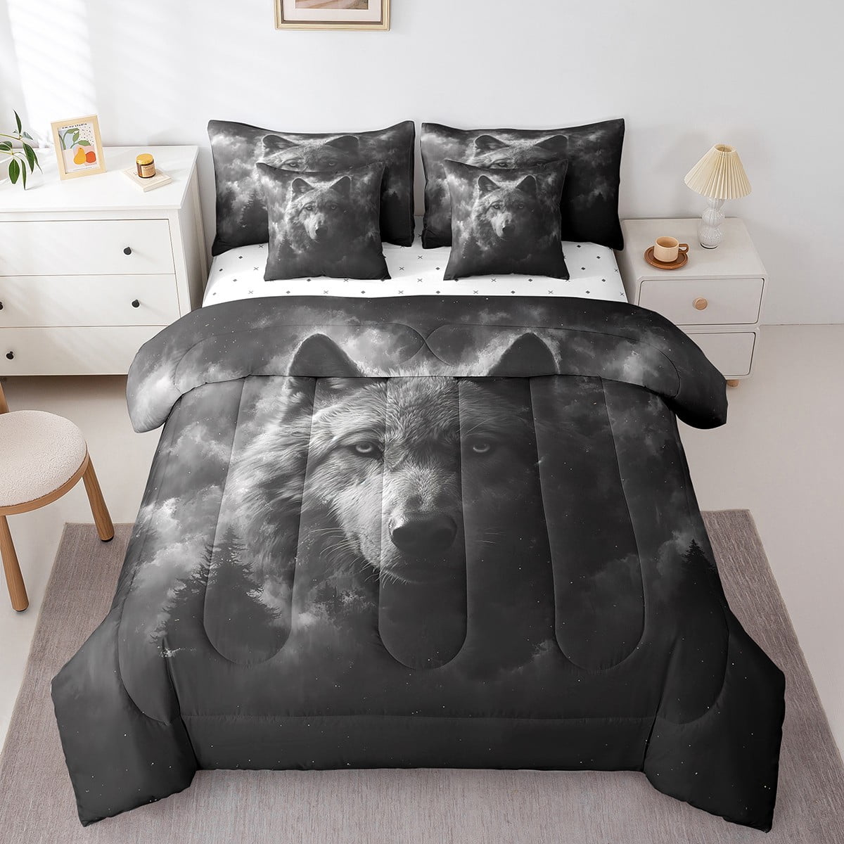 Wolf Head Comforter Set With Sheets Full,Hippie Rainforest Animal 7 ...