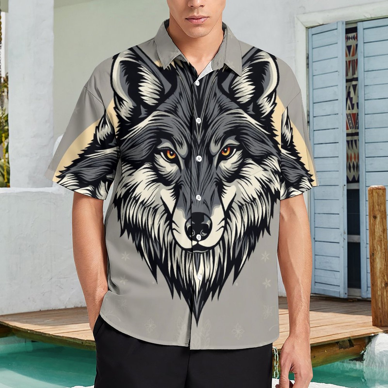 Wolf Head Design Male Retro Print Casual Shirts Hawaiian Short-Sleeve ...