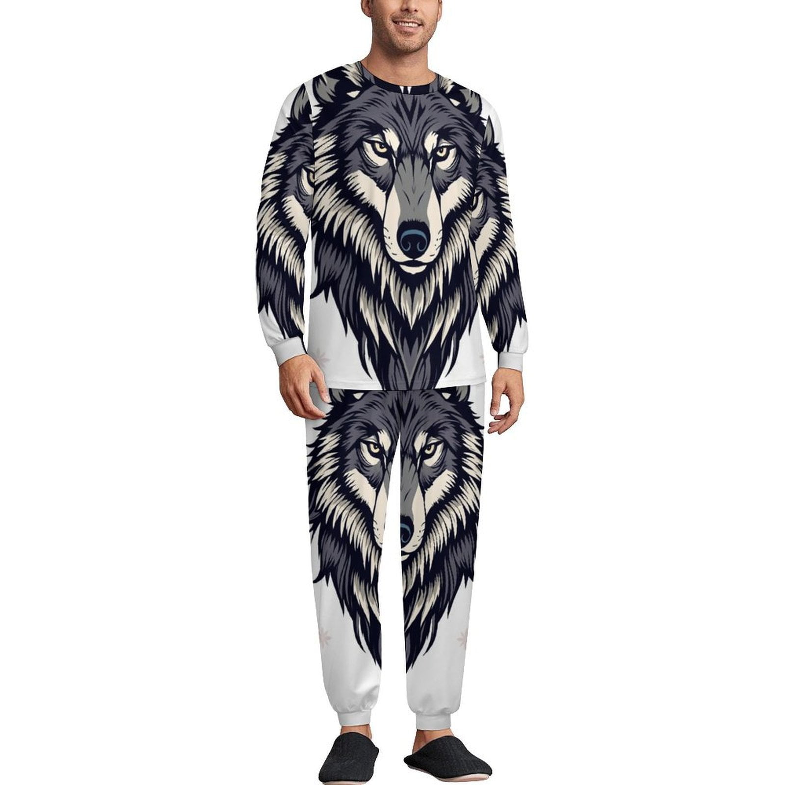 Wolf Head Design Pajamas Men Home Suit Winter Long Sleeve 2 Piece Sleep ...