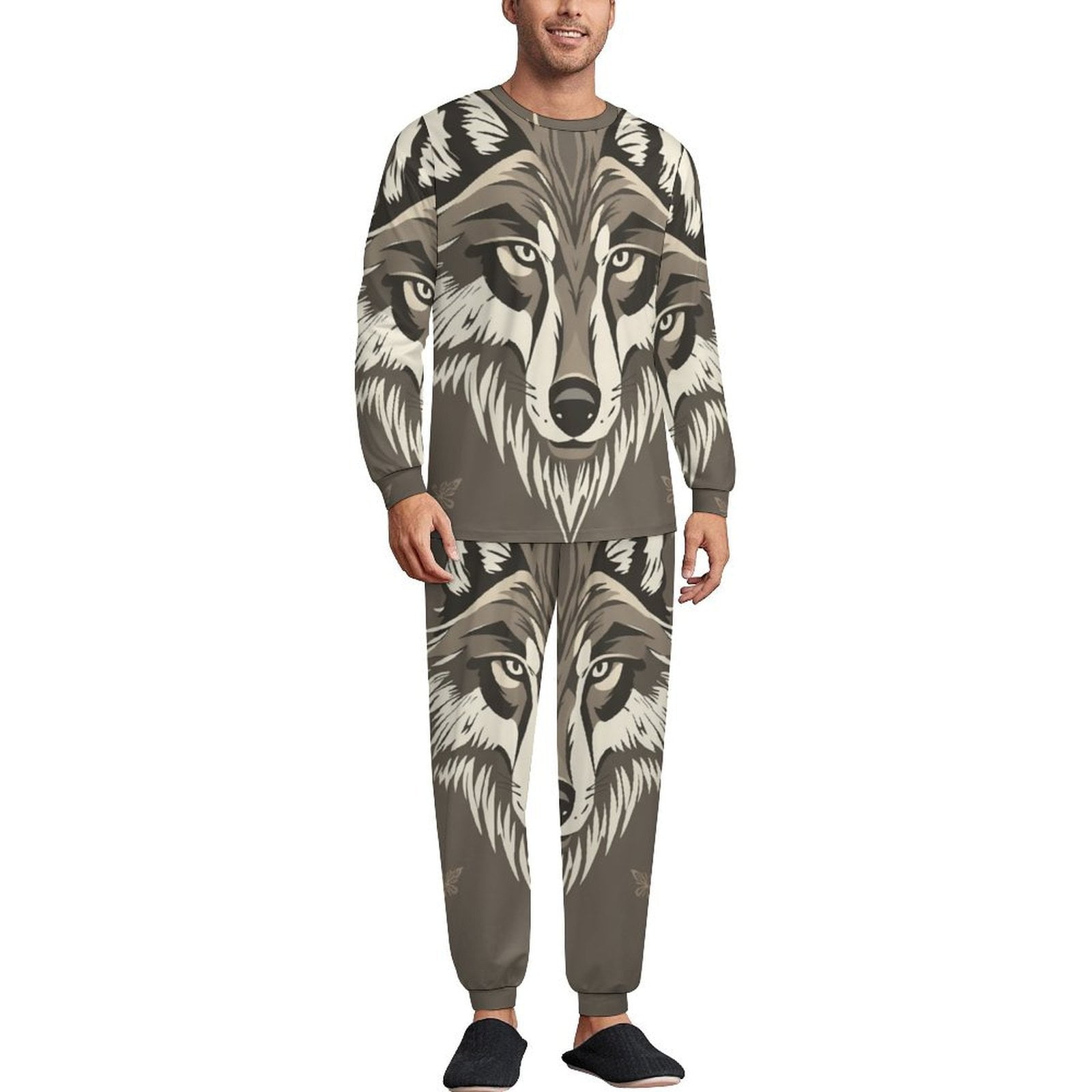 Wolf Head Pattern Pajamas Men Home Suit Winter Long Sleeve 2 Piece ...