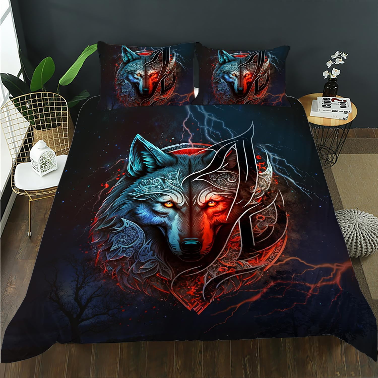 Wolf Head Printed Duvet Cover Set, Evening Lightning Cool Wolf Bedding ...