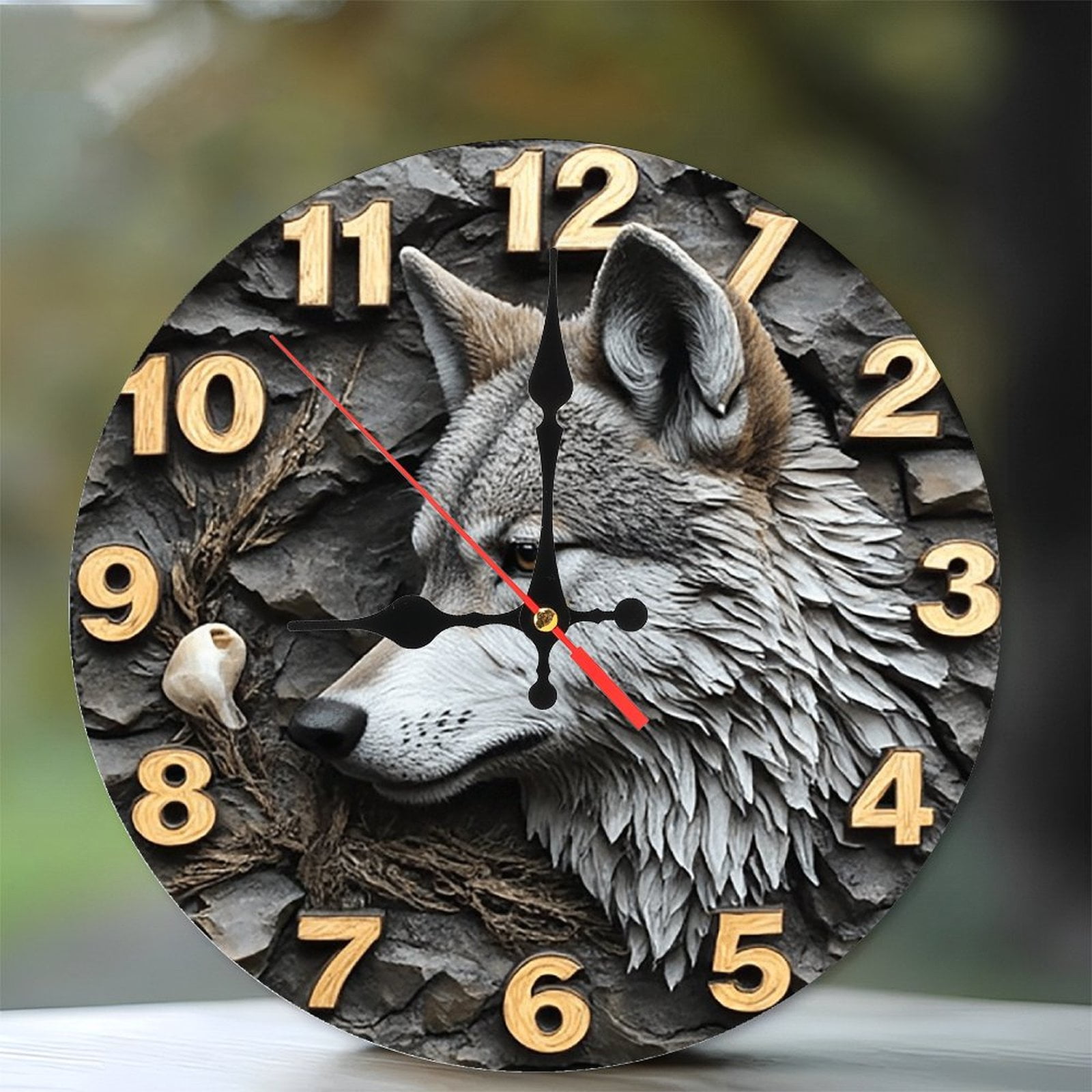 Wolf Head Wall Clock Stone Design Rustic Home Decor 10-Inch Silent ...