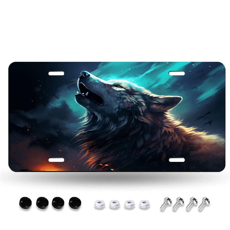 Wolf Howling Against a Mysterious Night Sky License Plate Frame ...