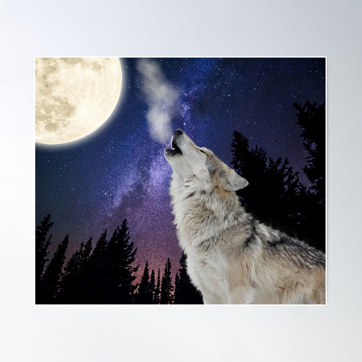 Wolf Howling At The Moon / Wolf Moon Night Sky Stars Space Poster Wall ...