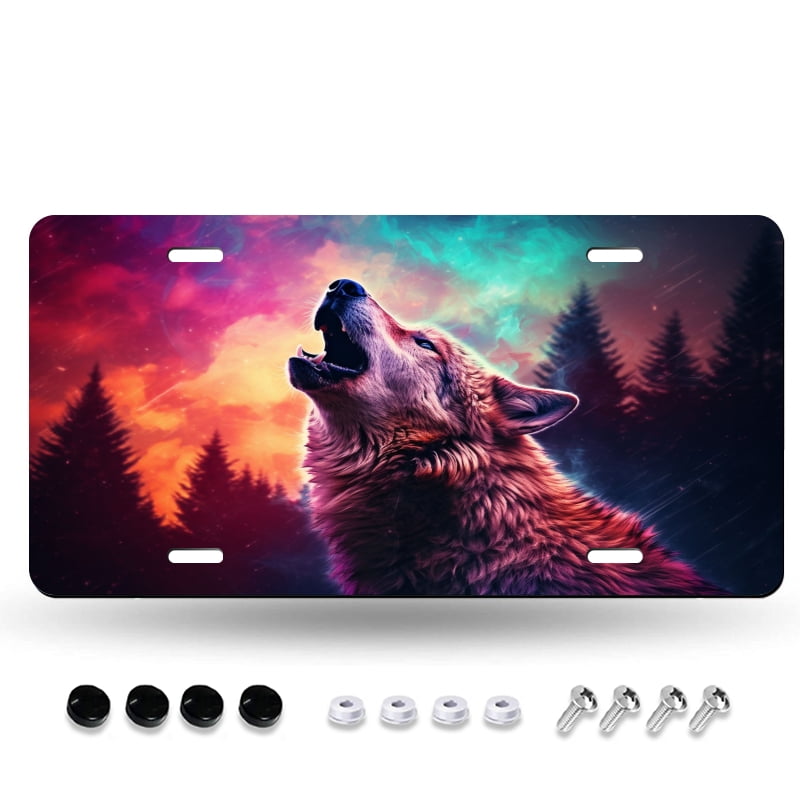Wolf Howling Under a Colorful Sky in The Forest License Plate Frame ...