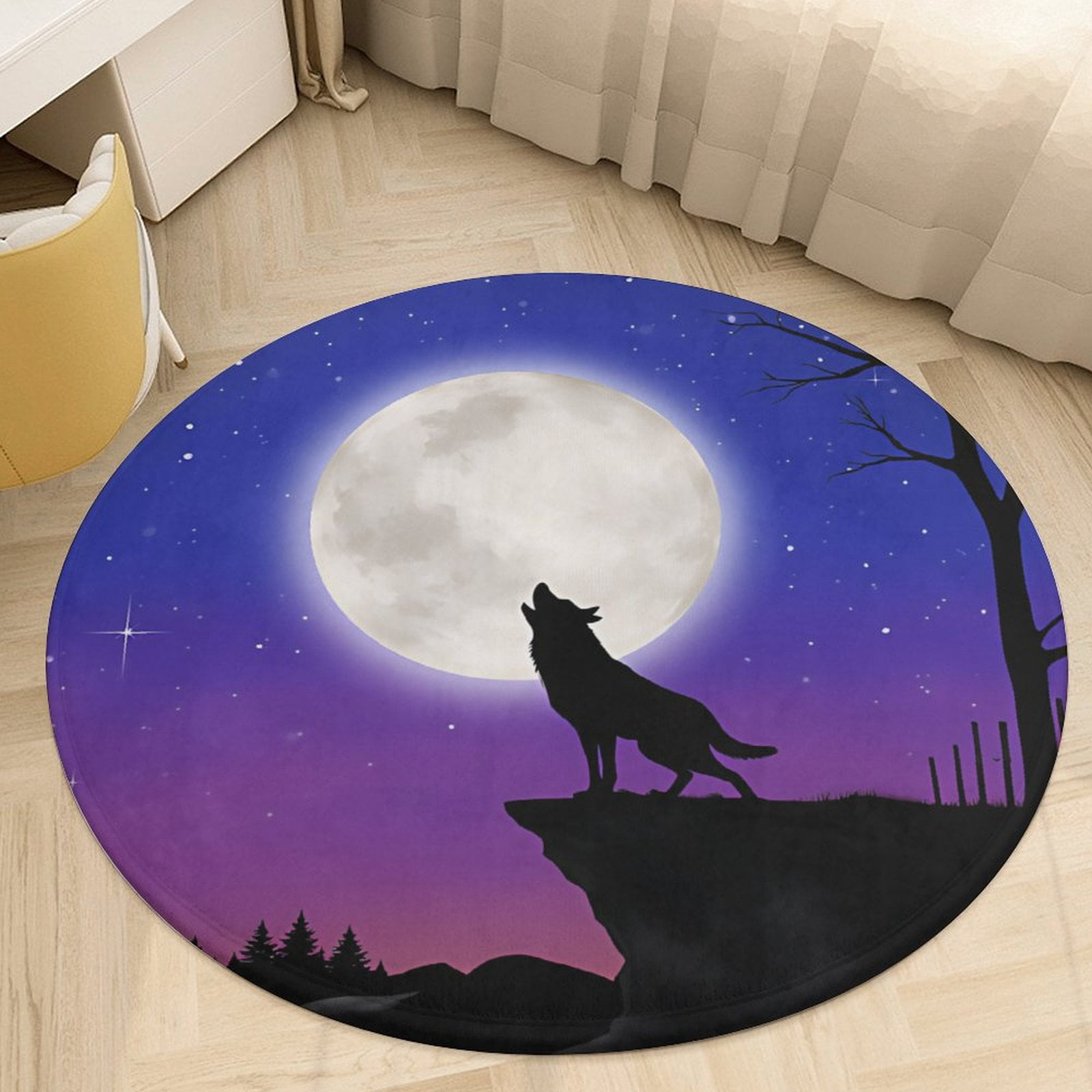 Wolf Howling at A Full Moon in A Forest Setting Round Area Rugs for Bedroom Living Room, 3FT ...
