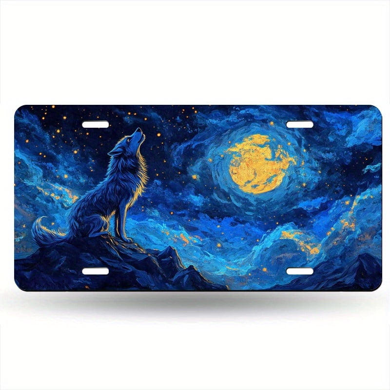 Wolf Howling at Moon License Plate - Van Gogh Starry Night Inspired ...