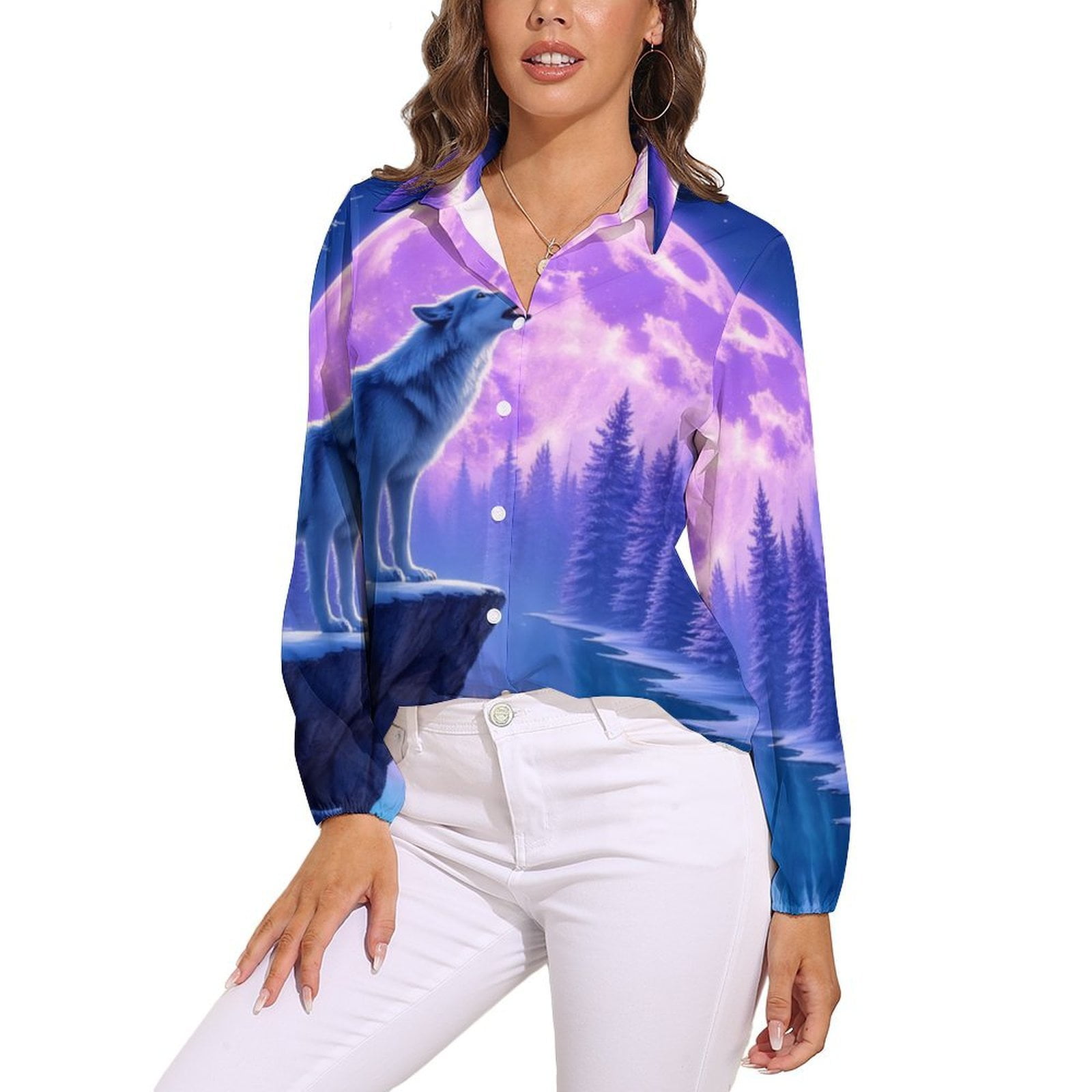Wolf Howling at Moon in Winter Forest Power Blouse Retro Hippy Flowers ...