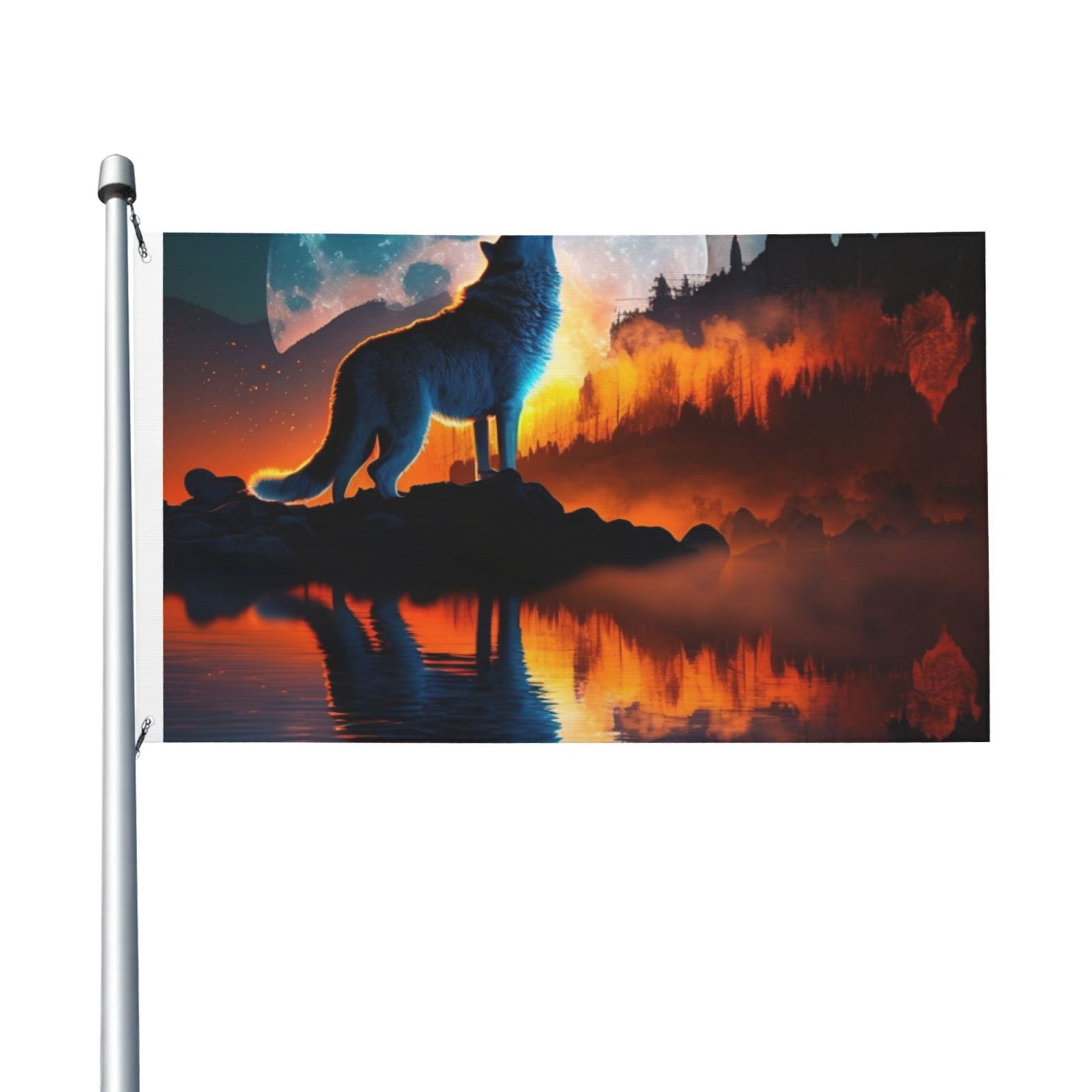 Wolf Howling Night Moon River Flag 3X5 Ft Garden Yard House Flags ...