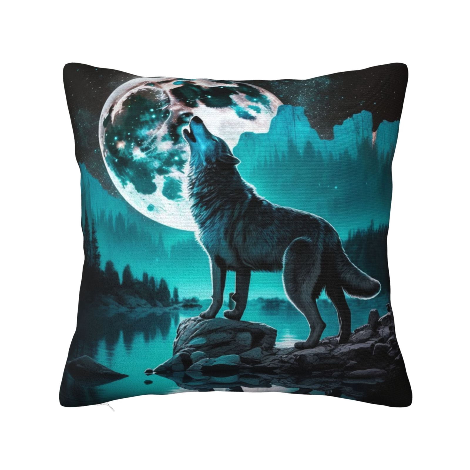 Wolf Howling River Night Moon Cool Pillow Cover Decorative Throw ...