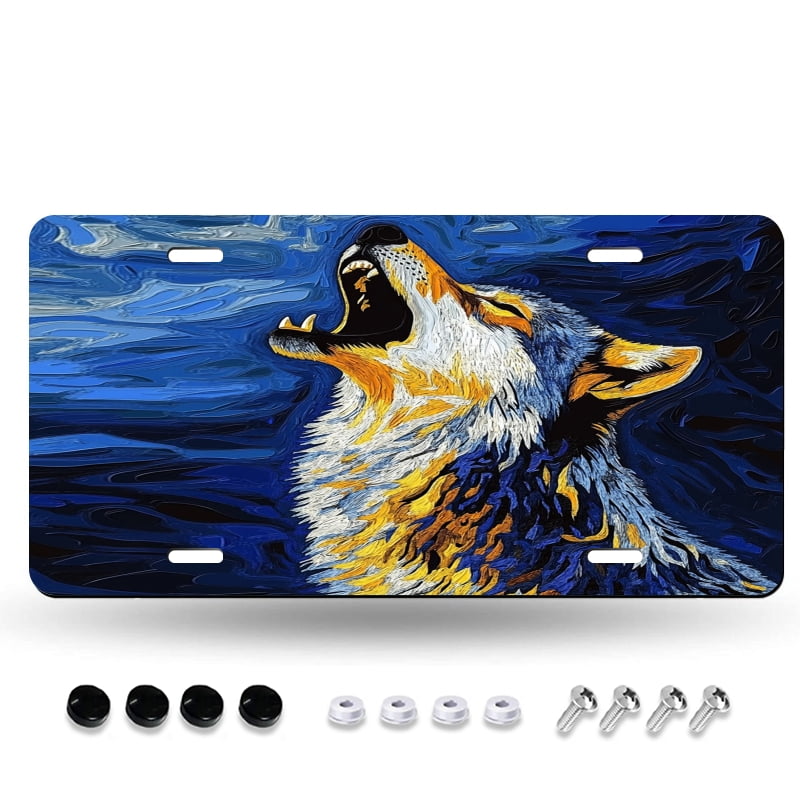 Wolf Howling Against Swirling Blue Background License Plate Frame ...