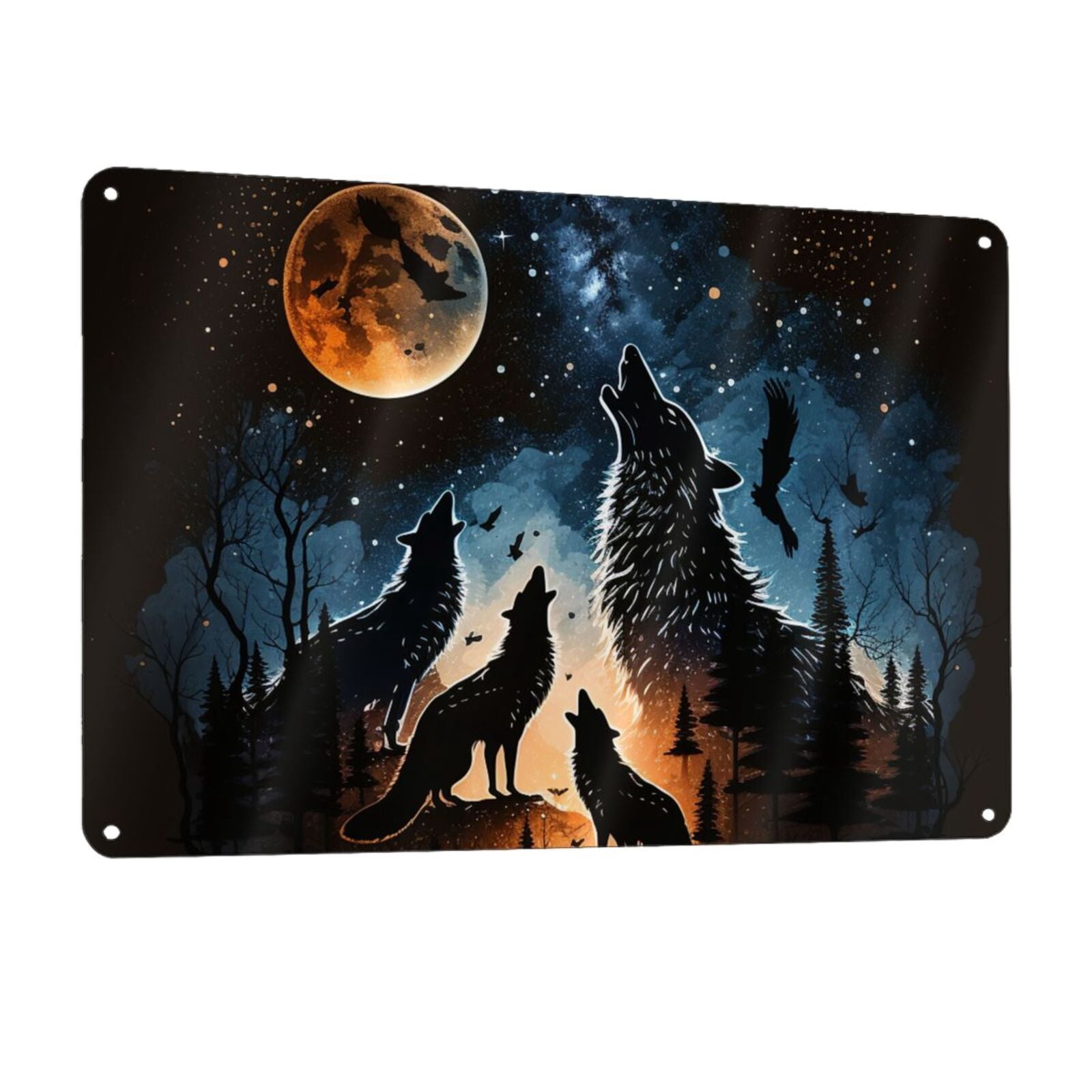 Wolf Howling Wolves Moon Night Stars Metal Tin Sign Wall Decor for Home ...