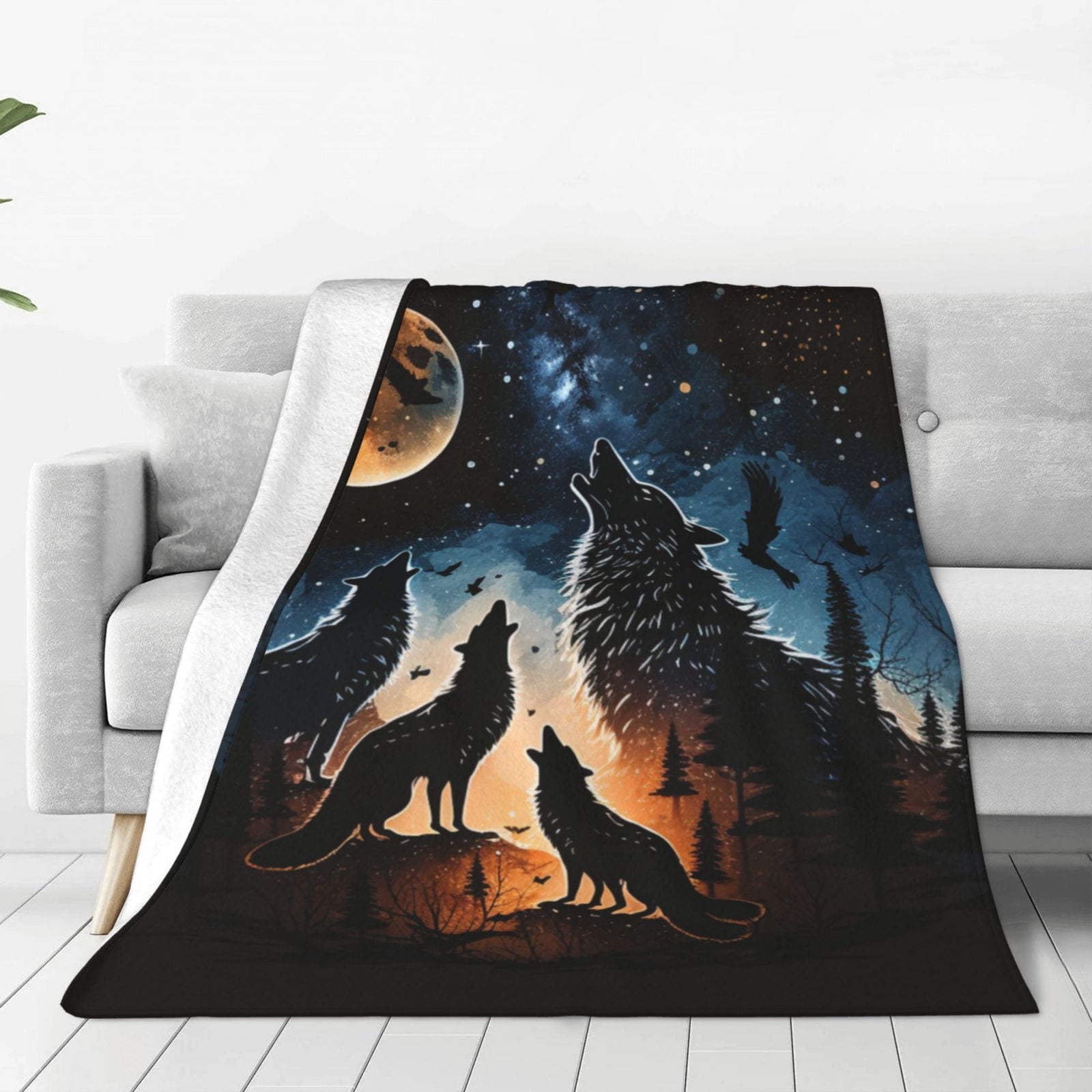 Wolf Howling Wolves Moon Night Stars Throw Blanket Decorative Soft Warm ...