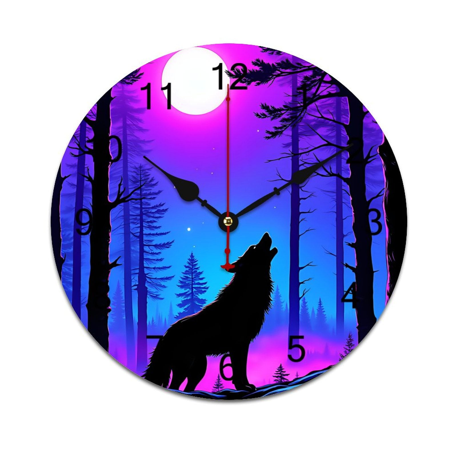 Wolf Howling at A Full Moon in A Forest Setting Bedroom Wall Clock ...