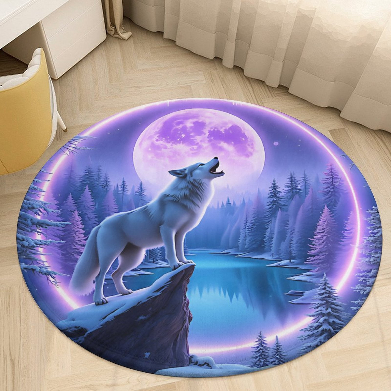 Wolf Howling at A Full Moon in A Forest Setting Round Area Rugs for ...
