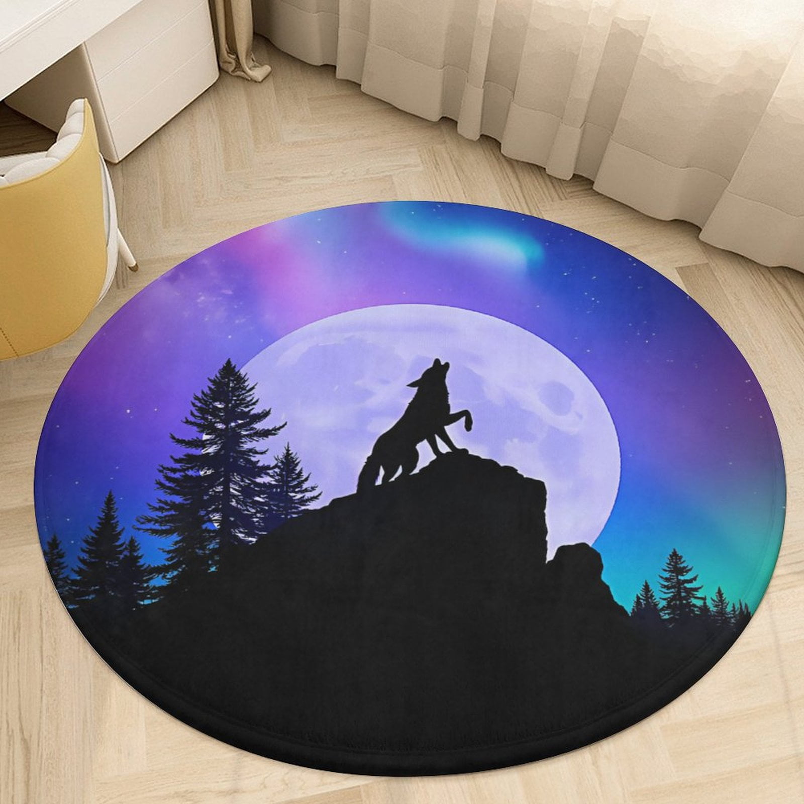 Wolf Howling at A Full Moon in A Forest Setting Round Area Rugs for ...