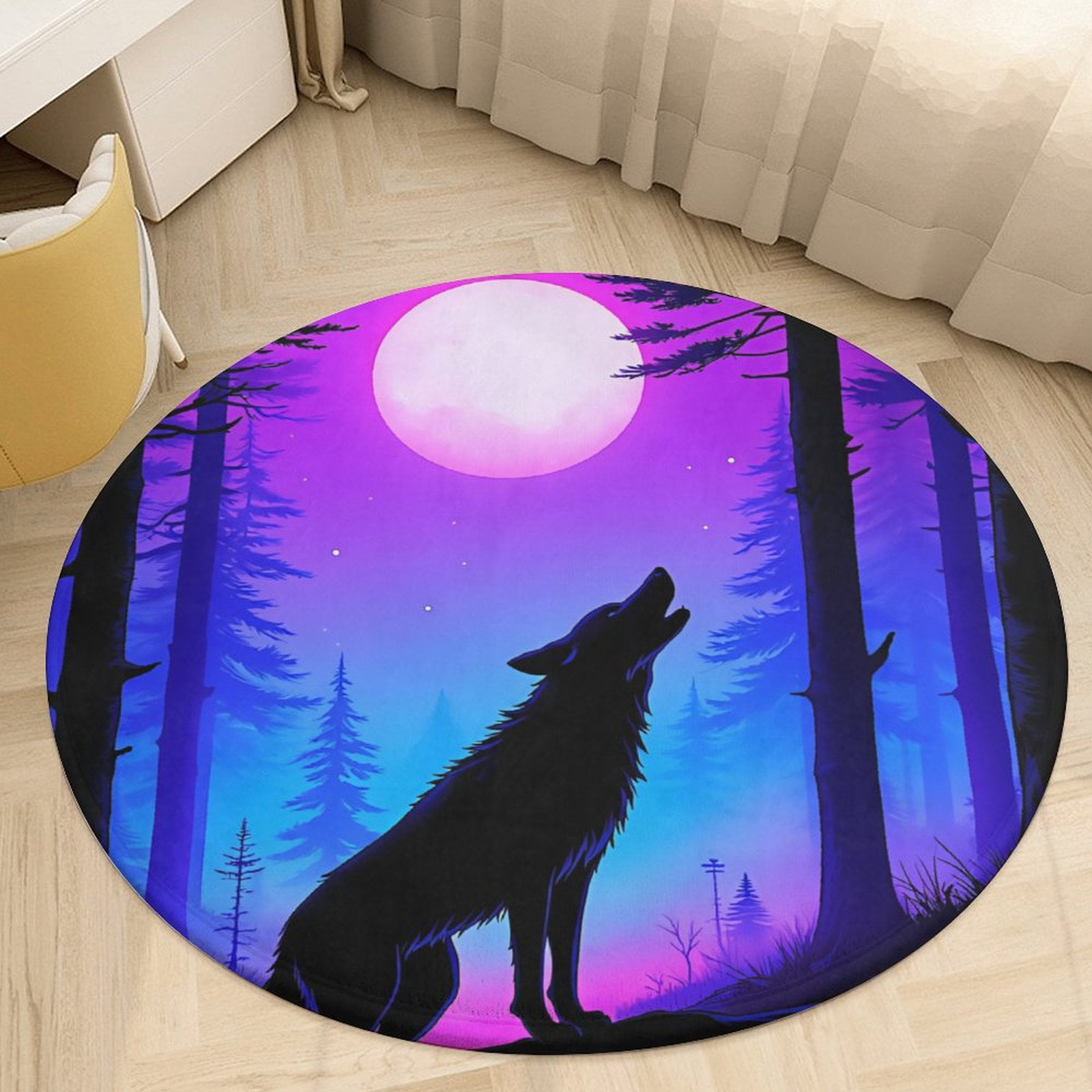 Wolf Howling at A Full Moon in A Forest Setting Round Area Rugs for ...