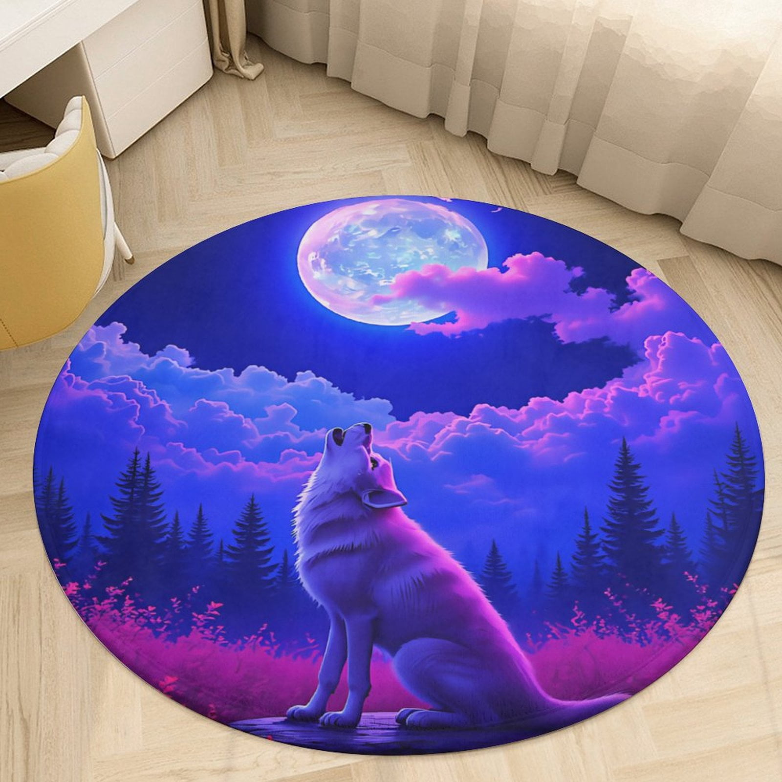 Wolf Howling at A Full Moon in A Forest Setting Round Area Rugs for ...