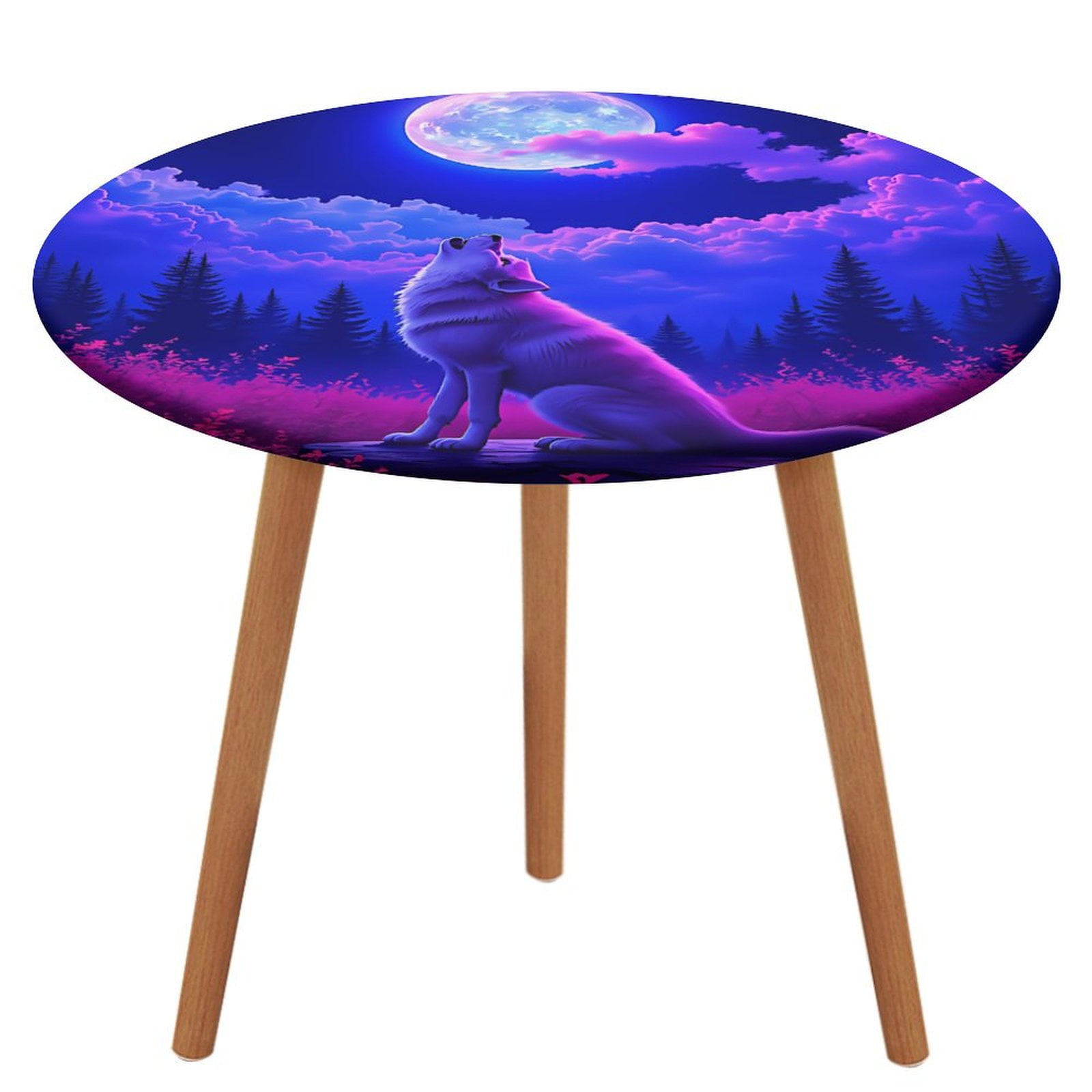 Wolf Howling at A Full Moon in A Forest Setting Round Fitted Tablecloth ...