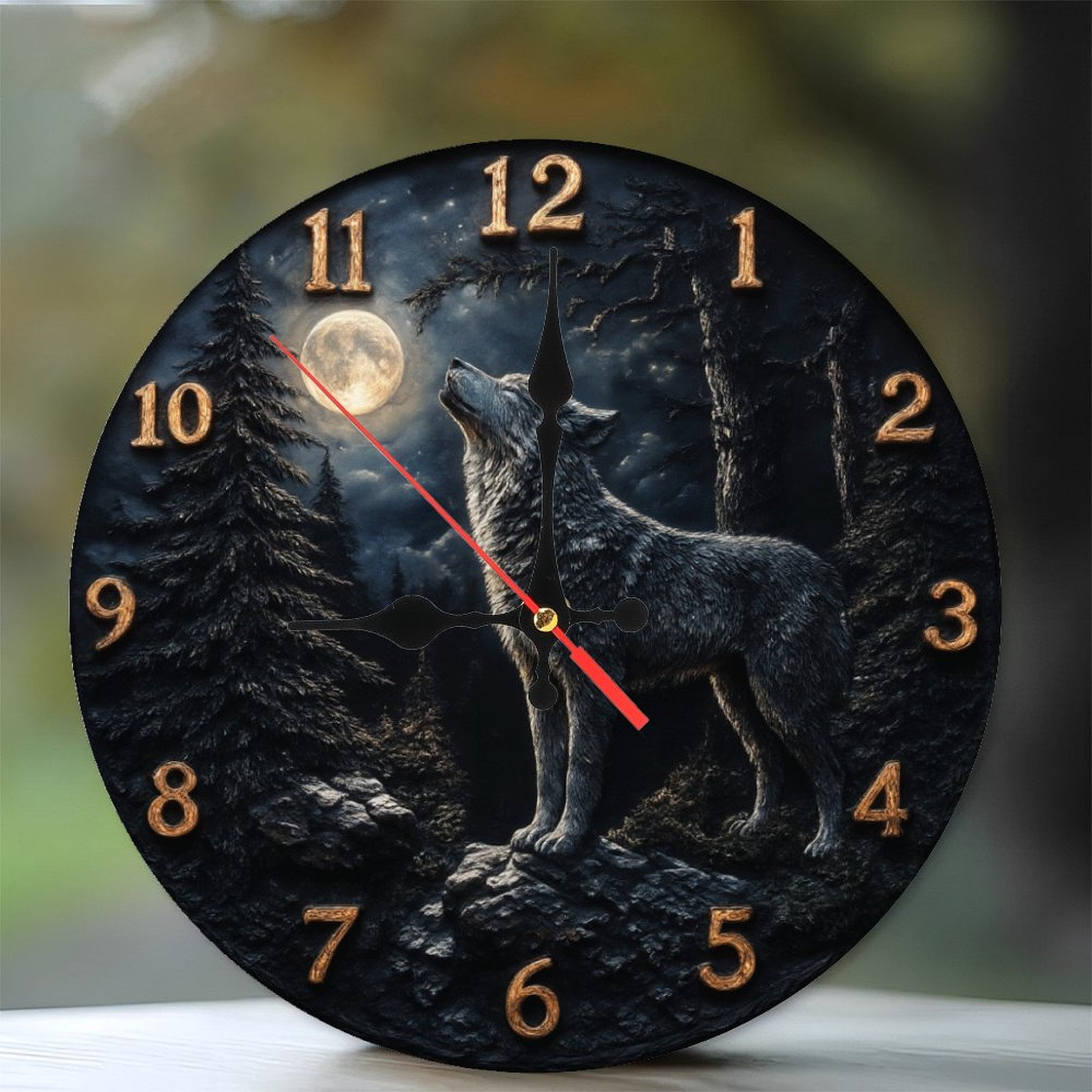 Wolf Howling at Moon Resin Clock Wall Decor 10-Inch Silent Wooden Wall ...