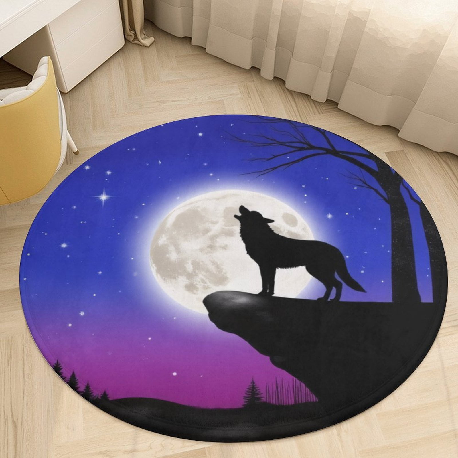 Wolf Howling at Moon Round Area Rugs for Bedroom Living Room, 4FT Soft ...