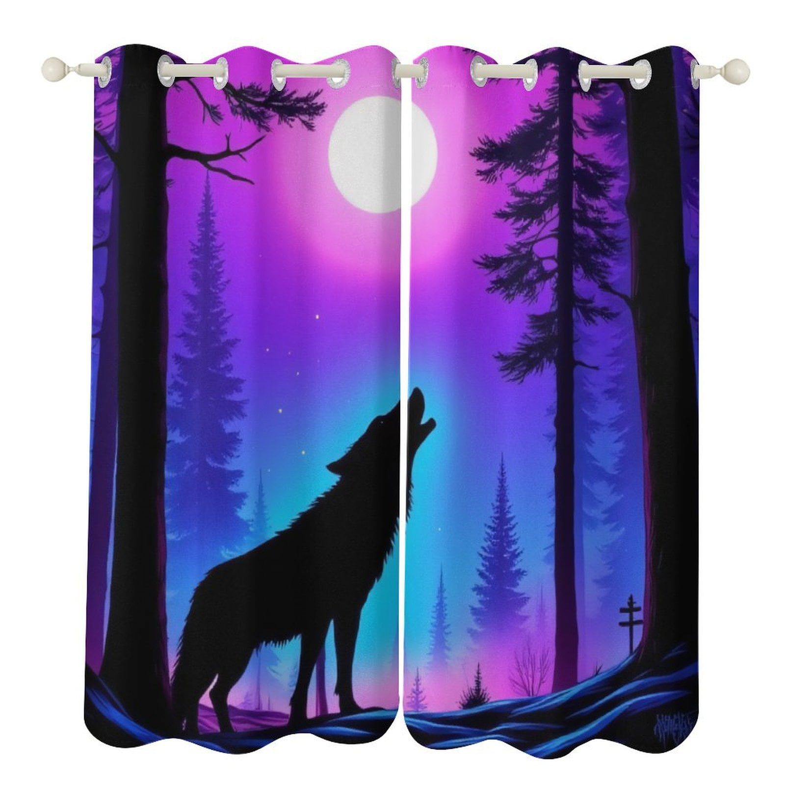 Wolf Howling at Moon in Forest 2 Panels Curtains for Bedroom Living ...