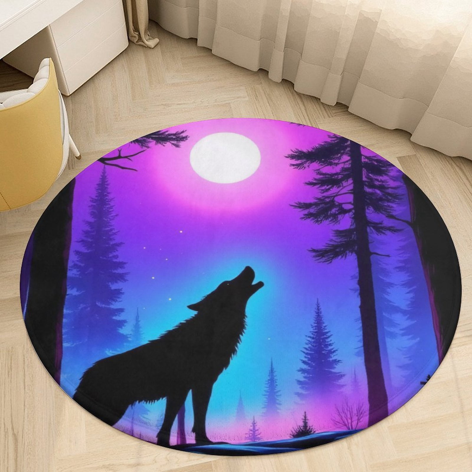 Wolf Howling at Moon in Forest Round Area Rugs for Bedroom Living Room ...