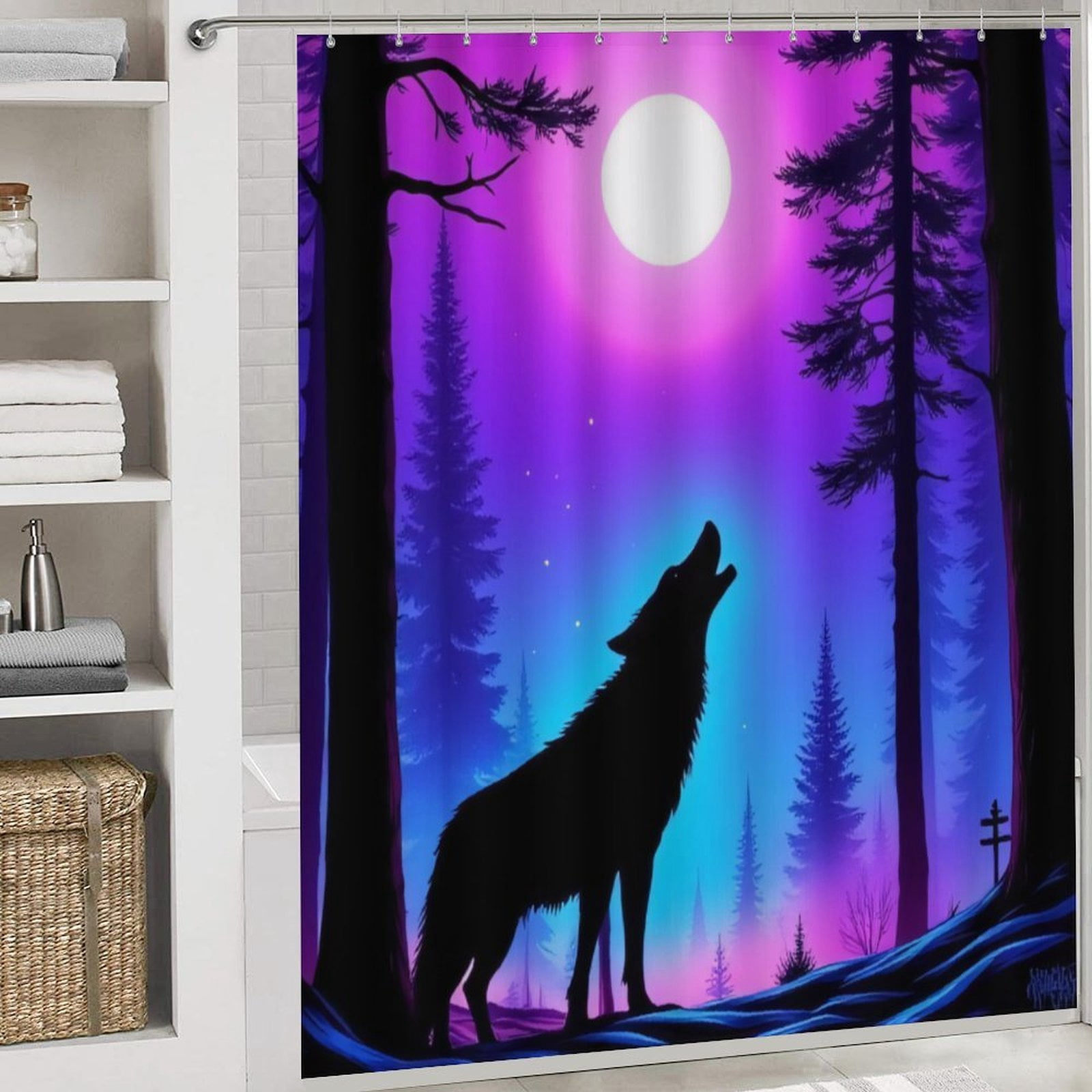 Wolf Howling at Moon in Forest Shower Curtain Bathtub Decor Bathroom ...
