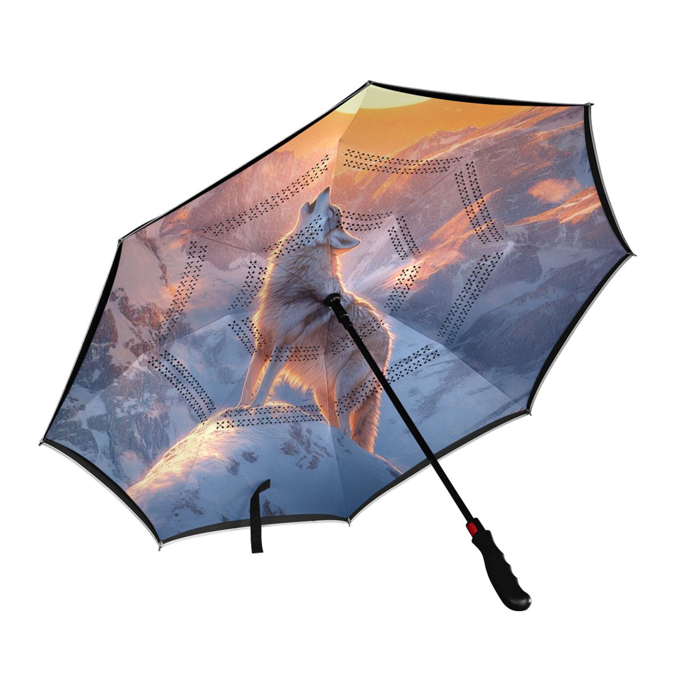 Wolf Howling at Moon on Snow Mountains Automatic Reverse Umbrella Parasol Inverted Umbrella ...