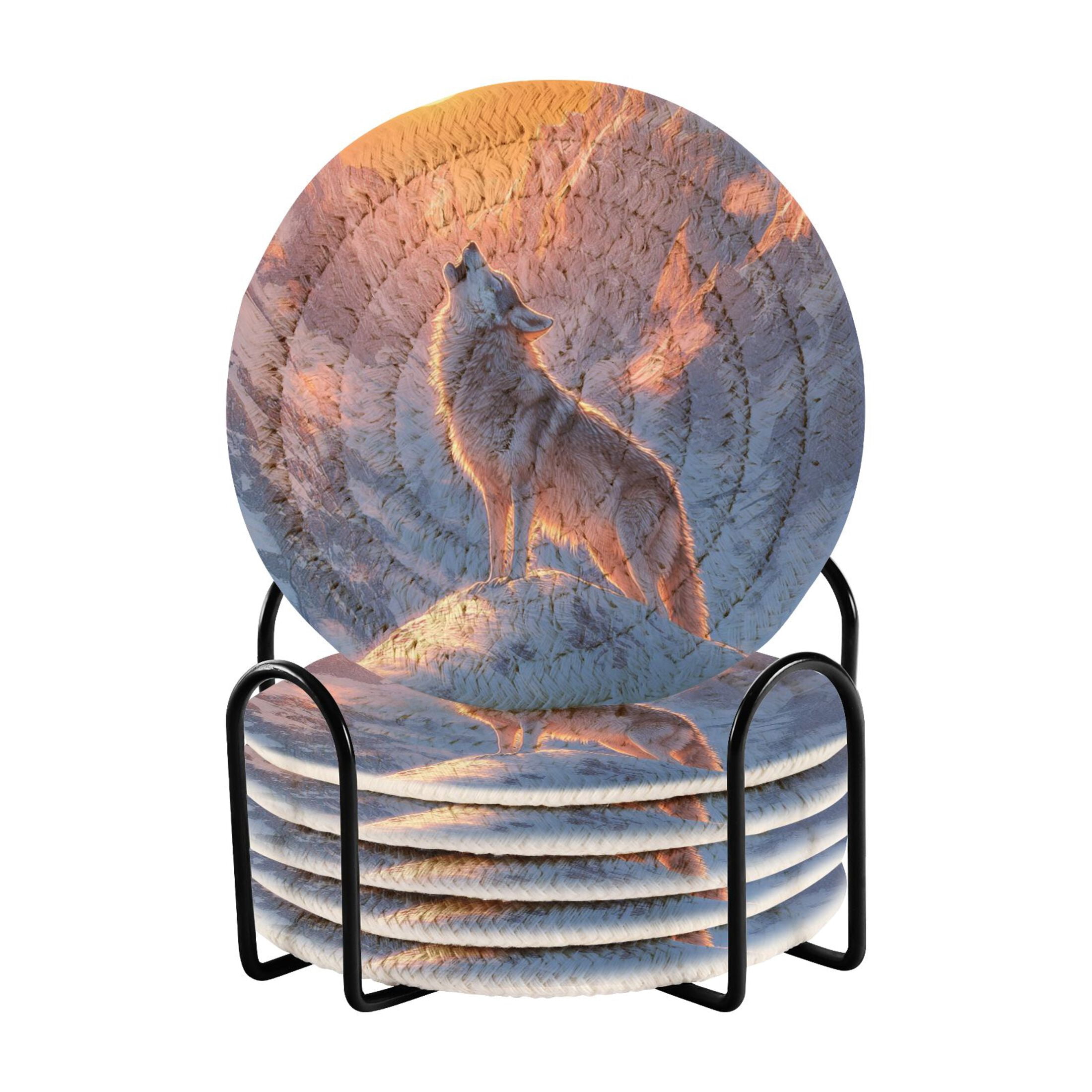 Wolf Howling at Moon on Snow Mountains Drinking Coasters Cup Mat with ...