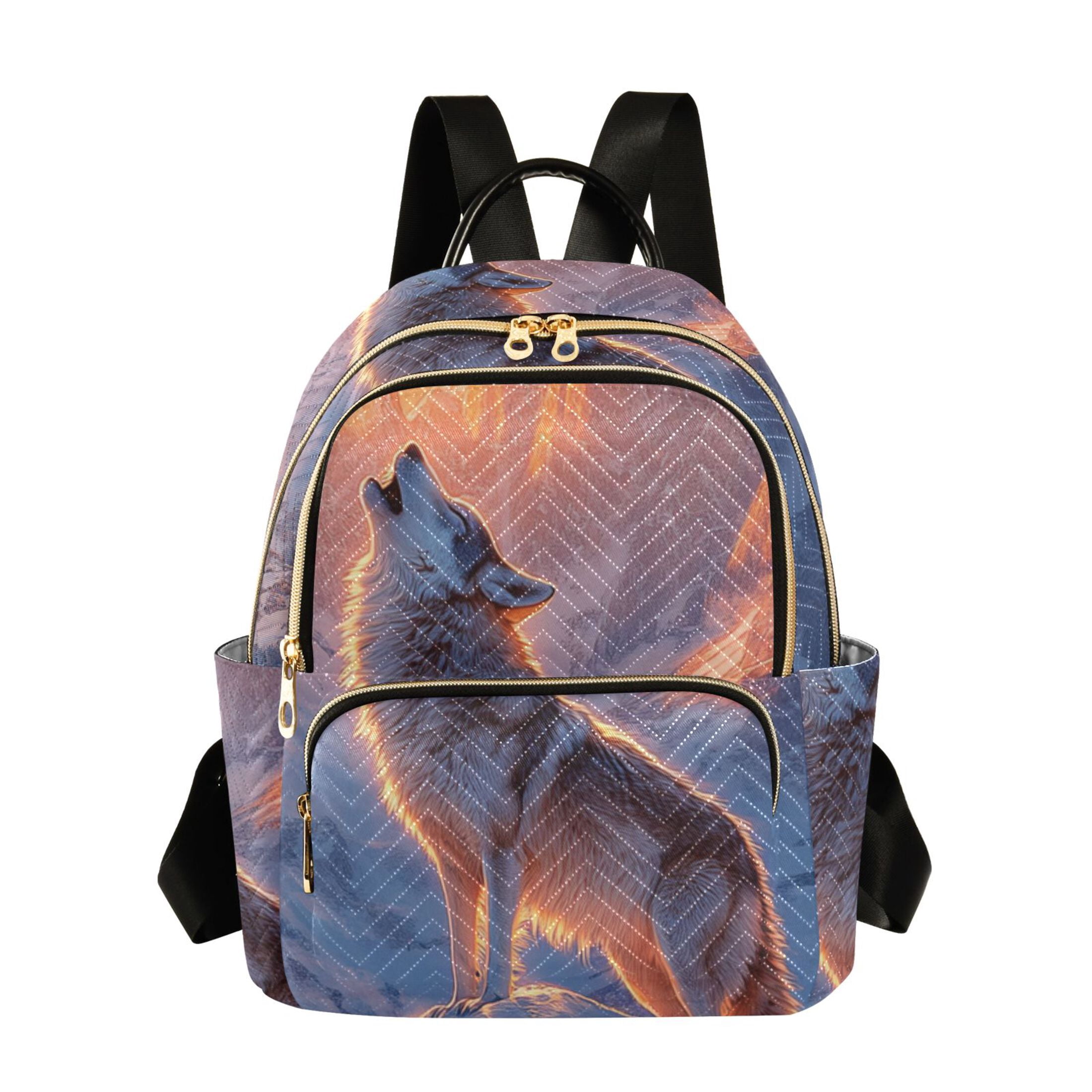 Wolf Howling at Moon on Snow Mountains Quilted Backpack Fashion Daypack ...