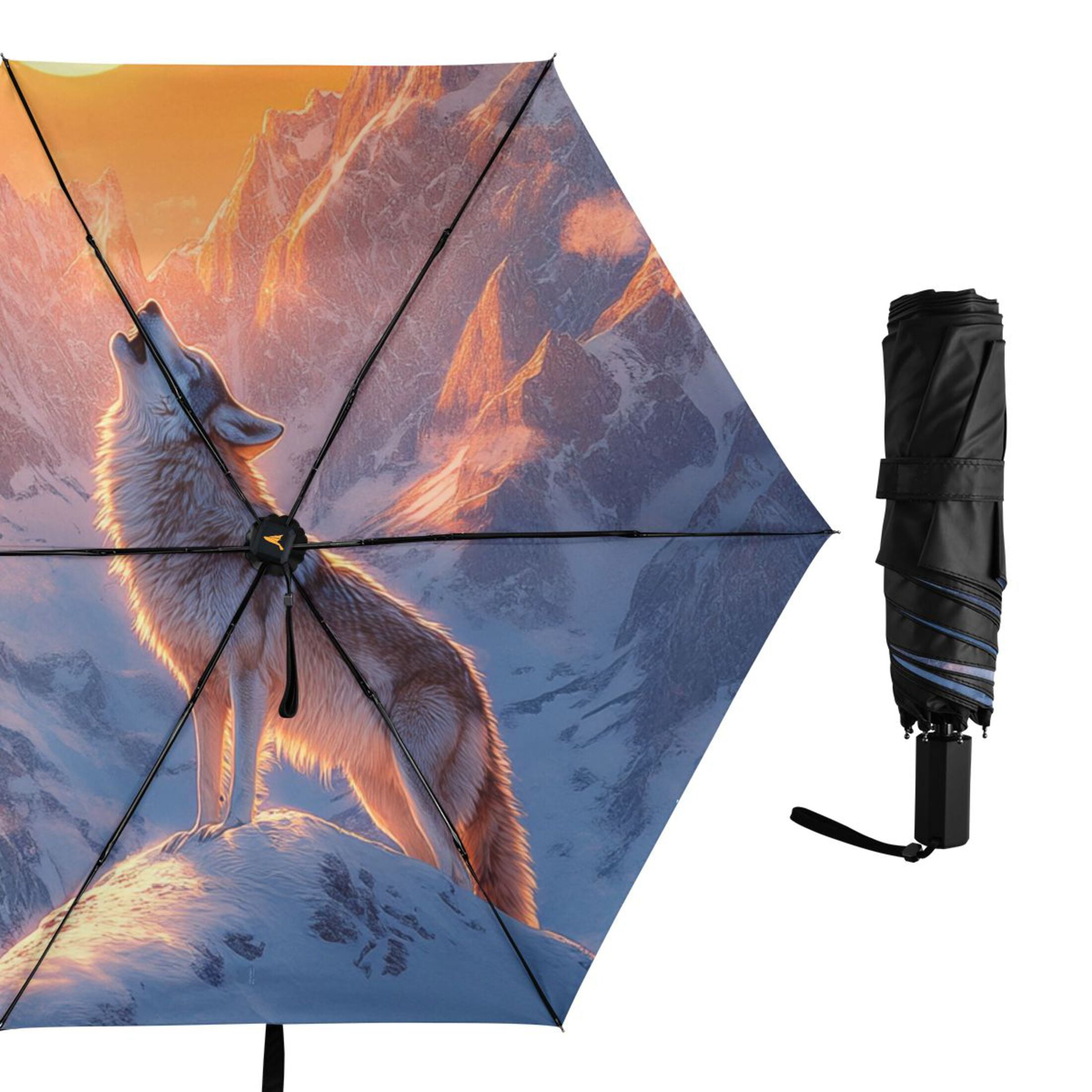 Wolf Howling at Moon on Snow Mountains Triple Folding Umbrella Parasol 6 Ribs UV Protection ...