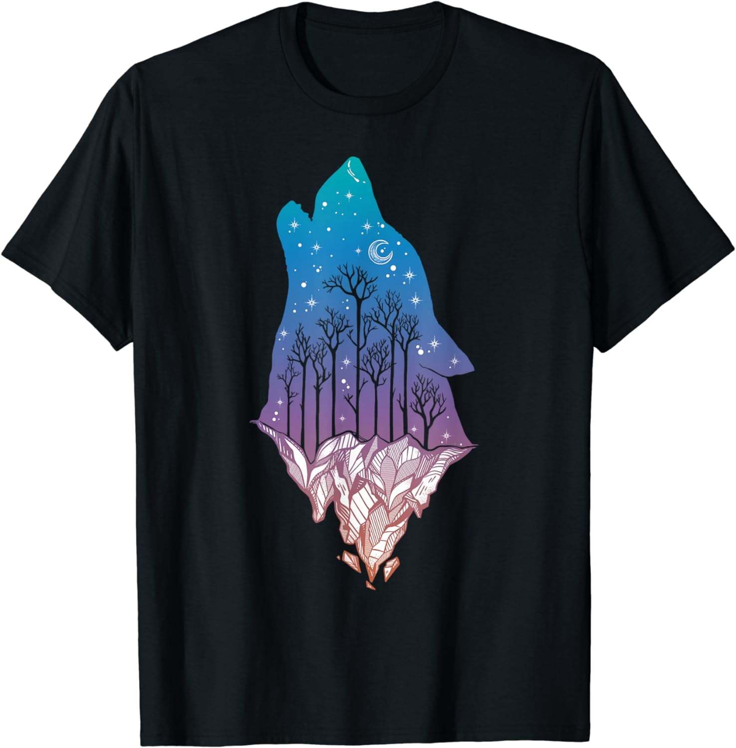 Wolf Howling at Moon with Mountains, Trees & Stars T-Shirt - Walmart.com