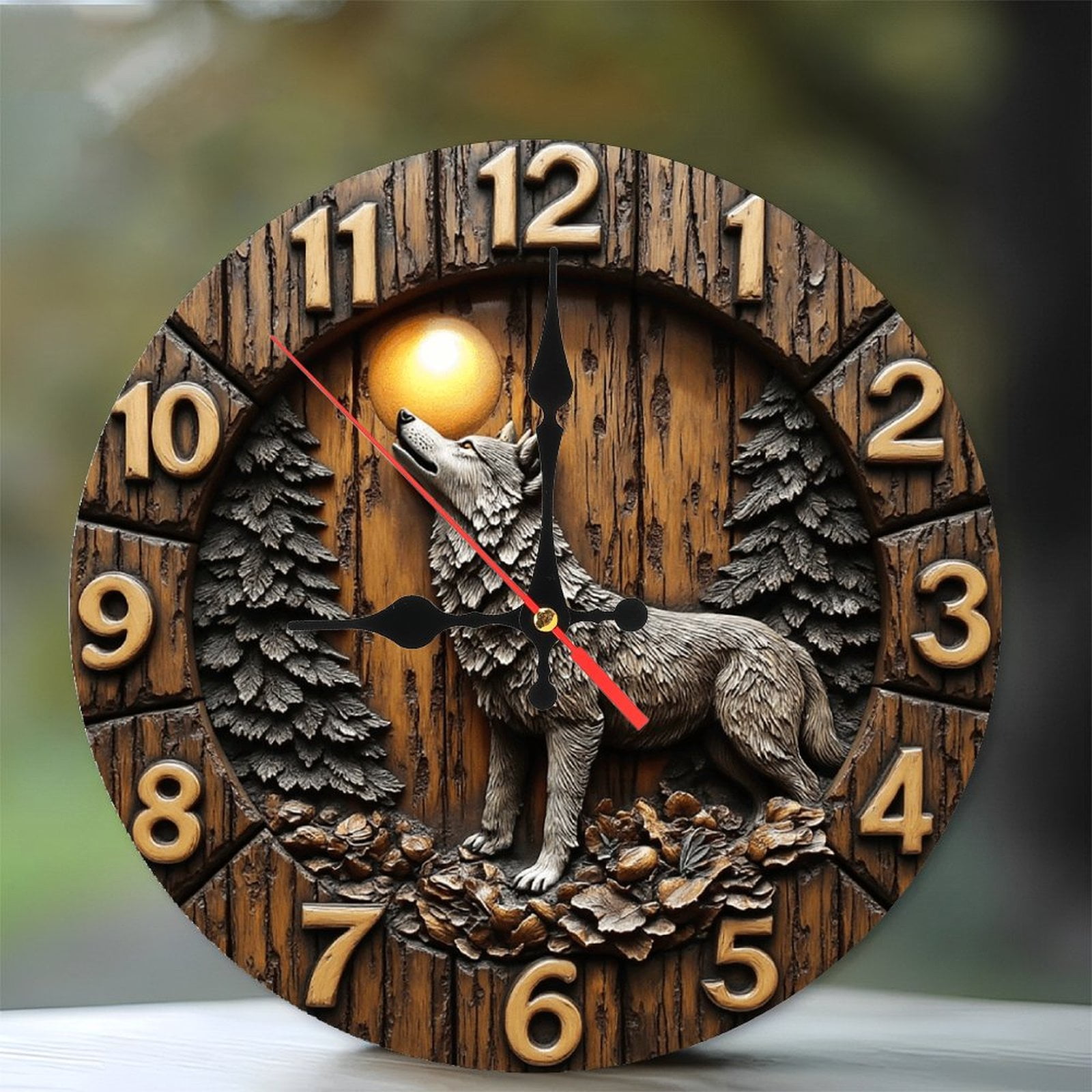 Wolf Howling at The Moon Decorative Wall Clock 10-Inch Silent Wooden ...