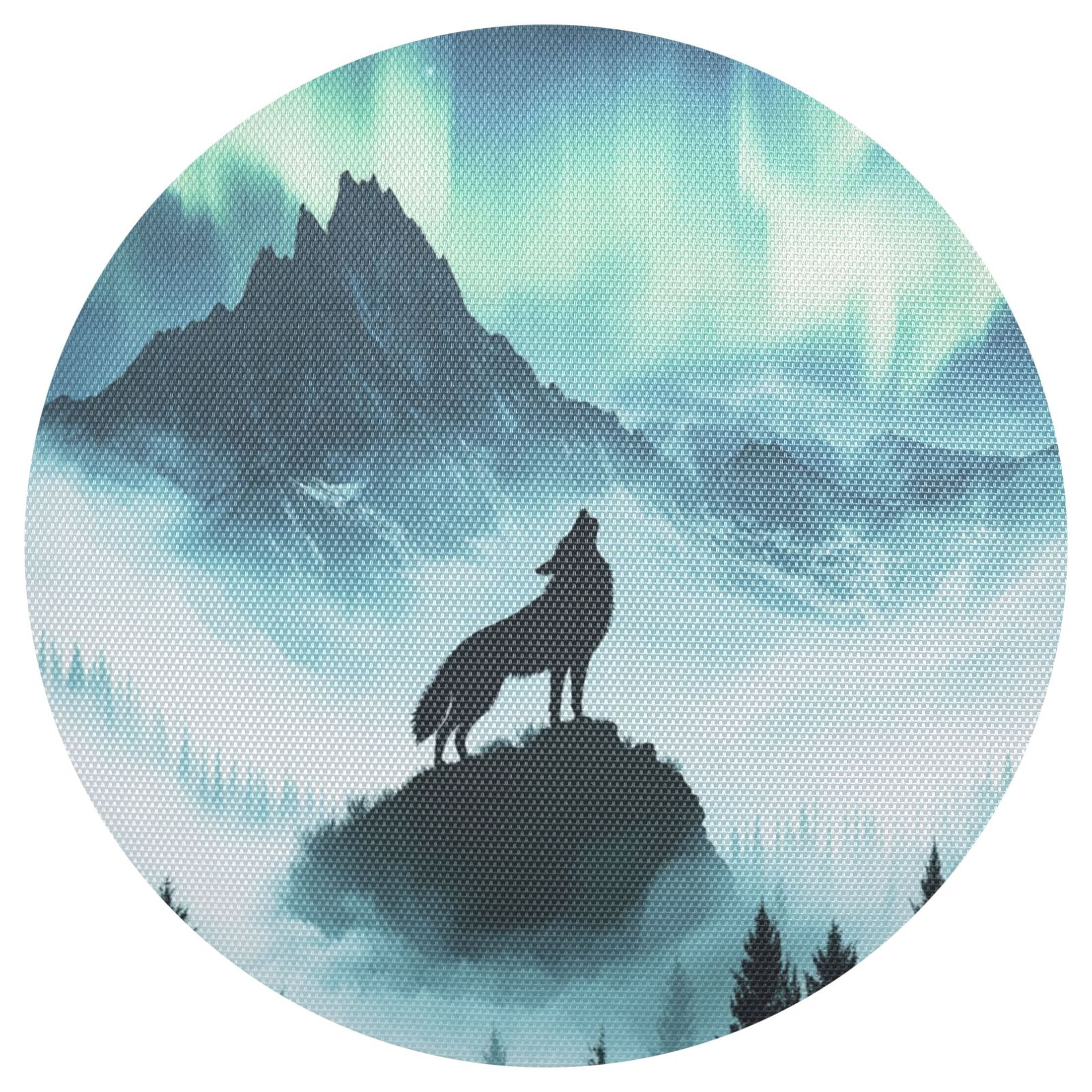 Wolf Howling on Mountain Top Aurora Trees PVC Round Grid Placemat Table ...