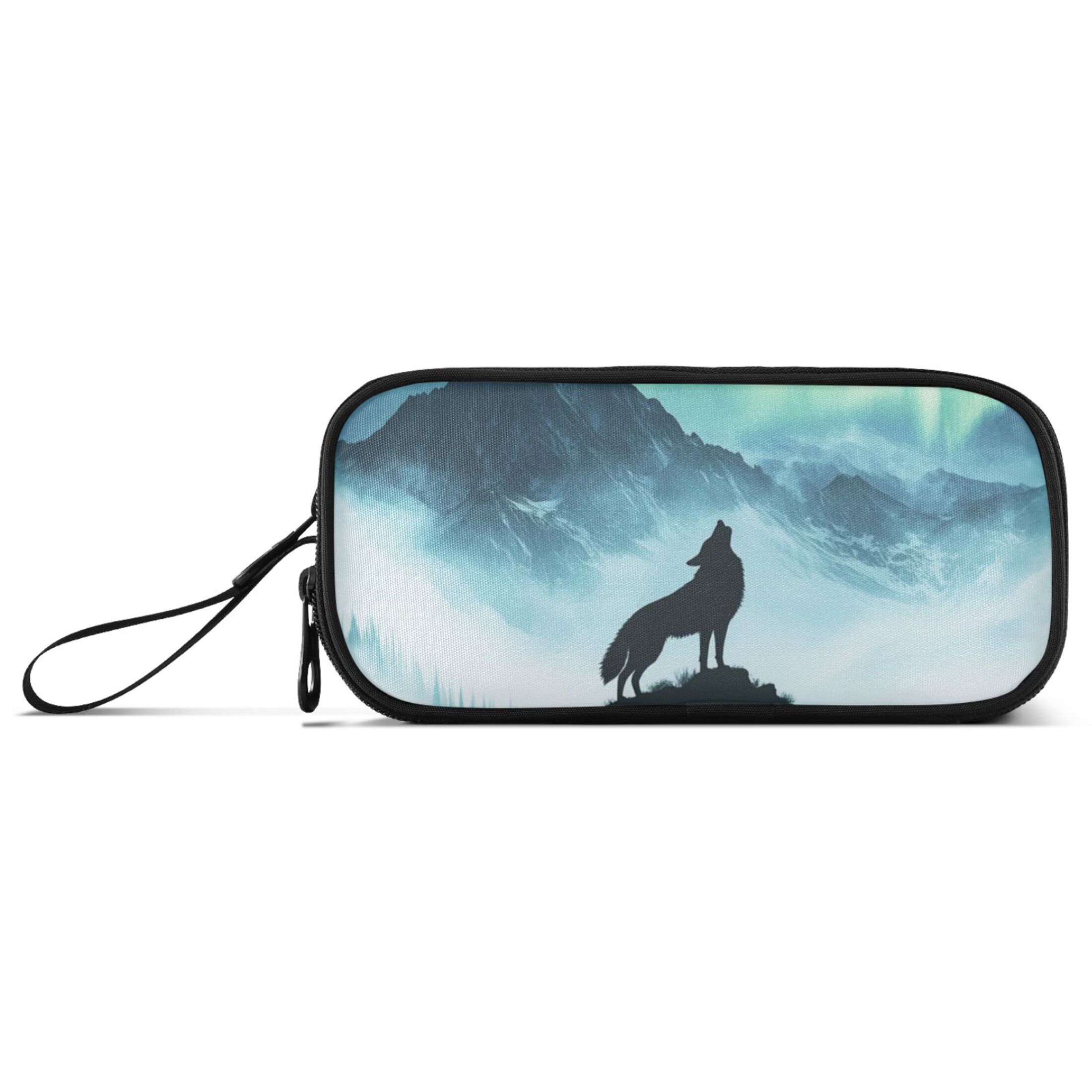Wolf Howling on Mountain Top Aurora Trees Pencil Case Stationary Holder ...